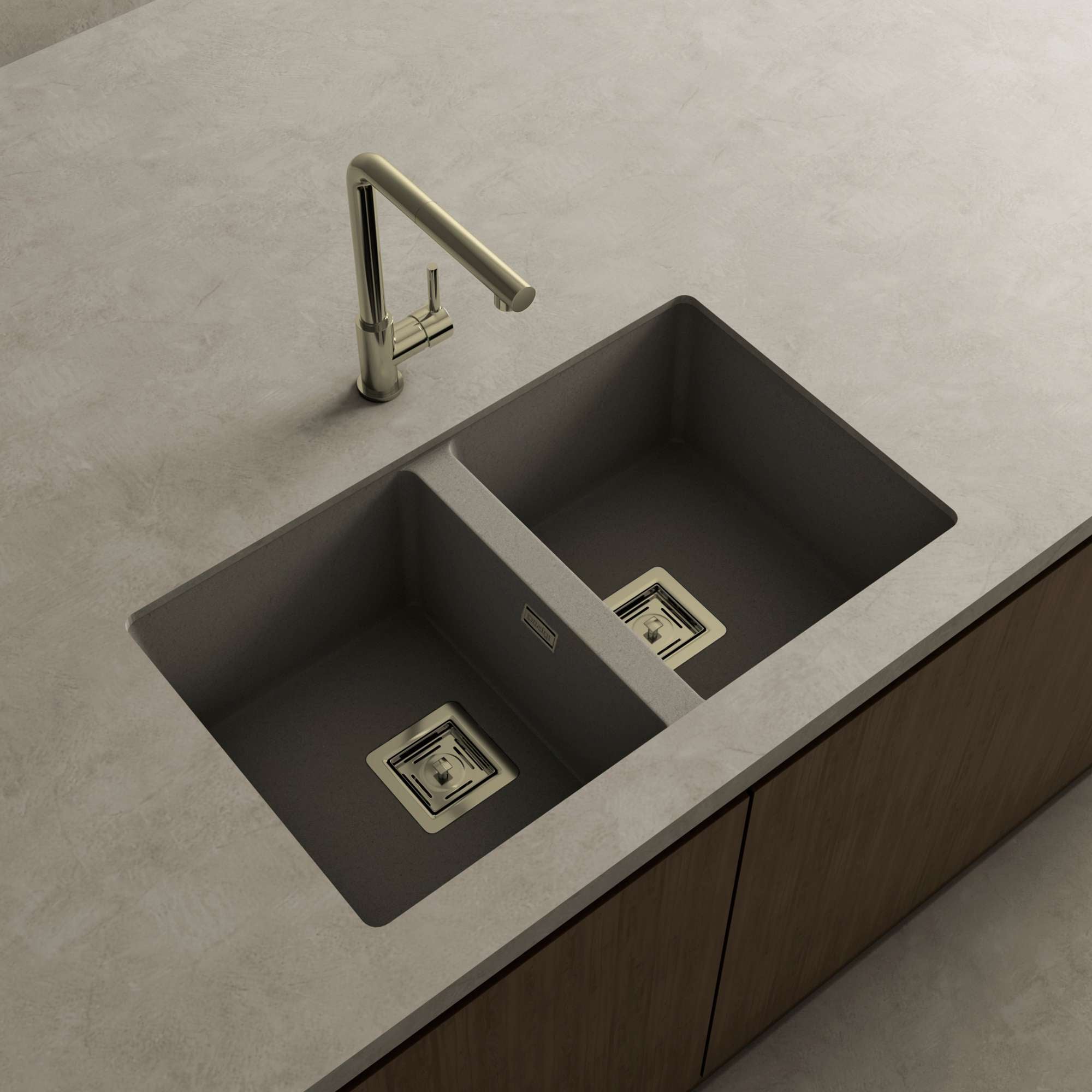 Cuve sous plan POALGI, ZIE 184, Granit, Gris Ash, 75 cm, 2 bacs bonde ...