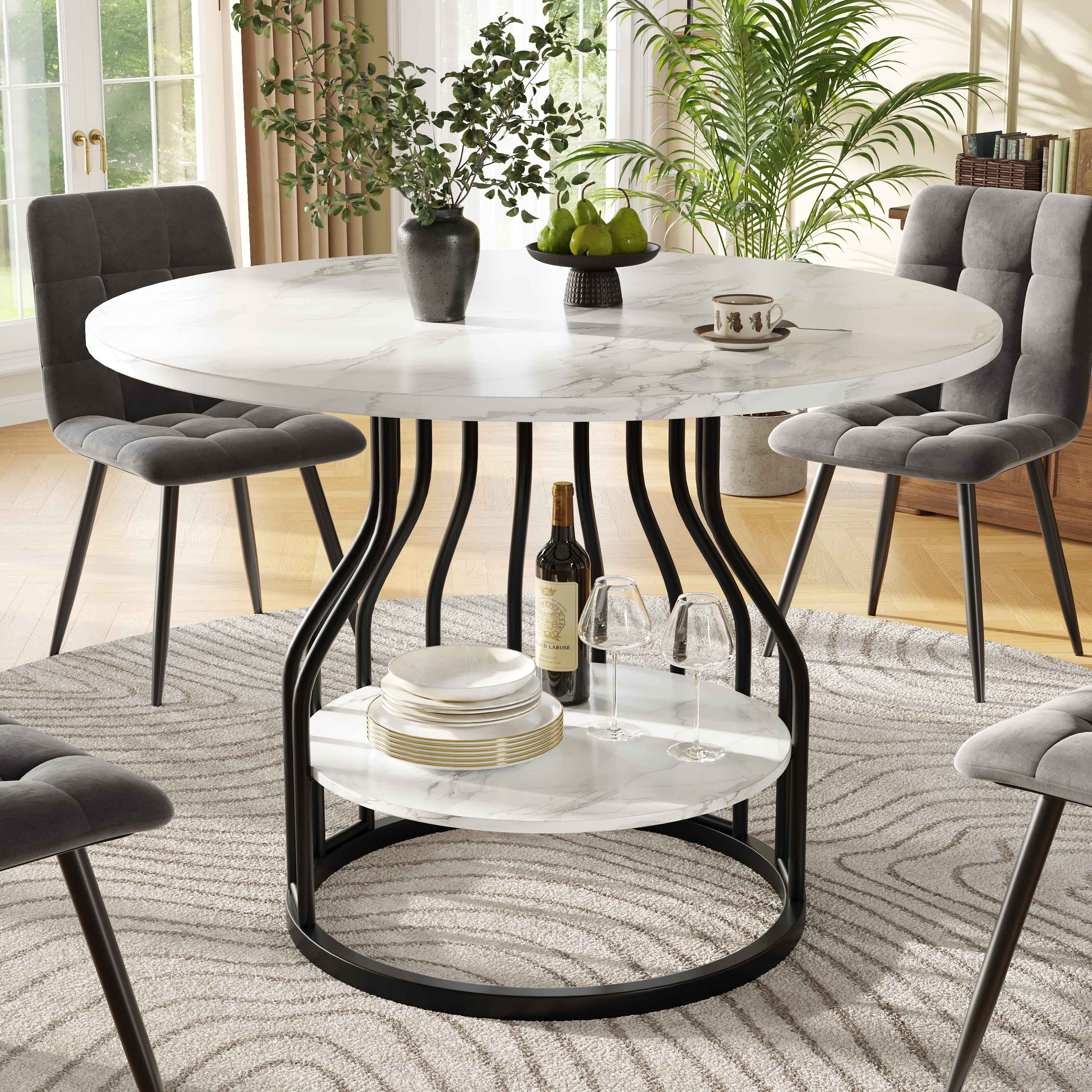 Table ronde en MDF imitation marbre 80x80 cm pour 4 personnes – Table ...