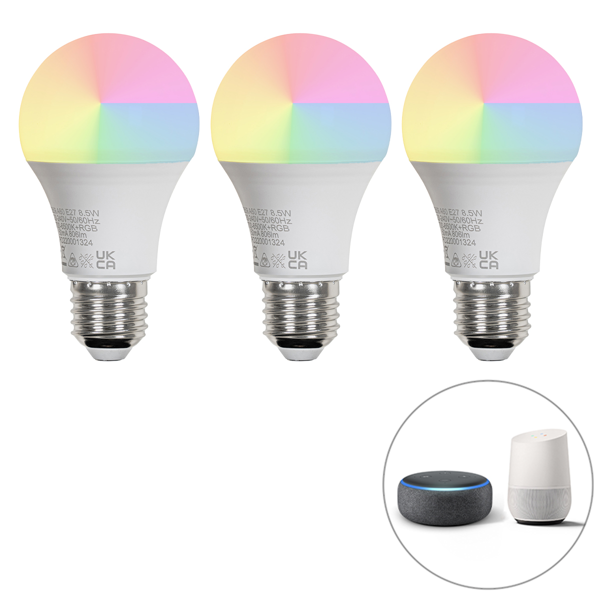 Juego de 3 bombillas LED Inteligente | Wifi | Smart | Wifi | Smart E27 A60 mate RGBW 8,5W 806 lm ...