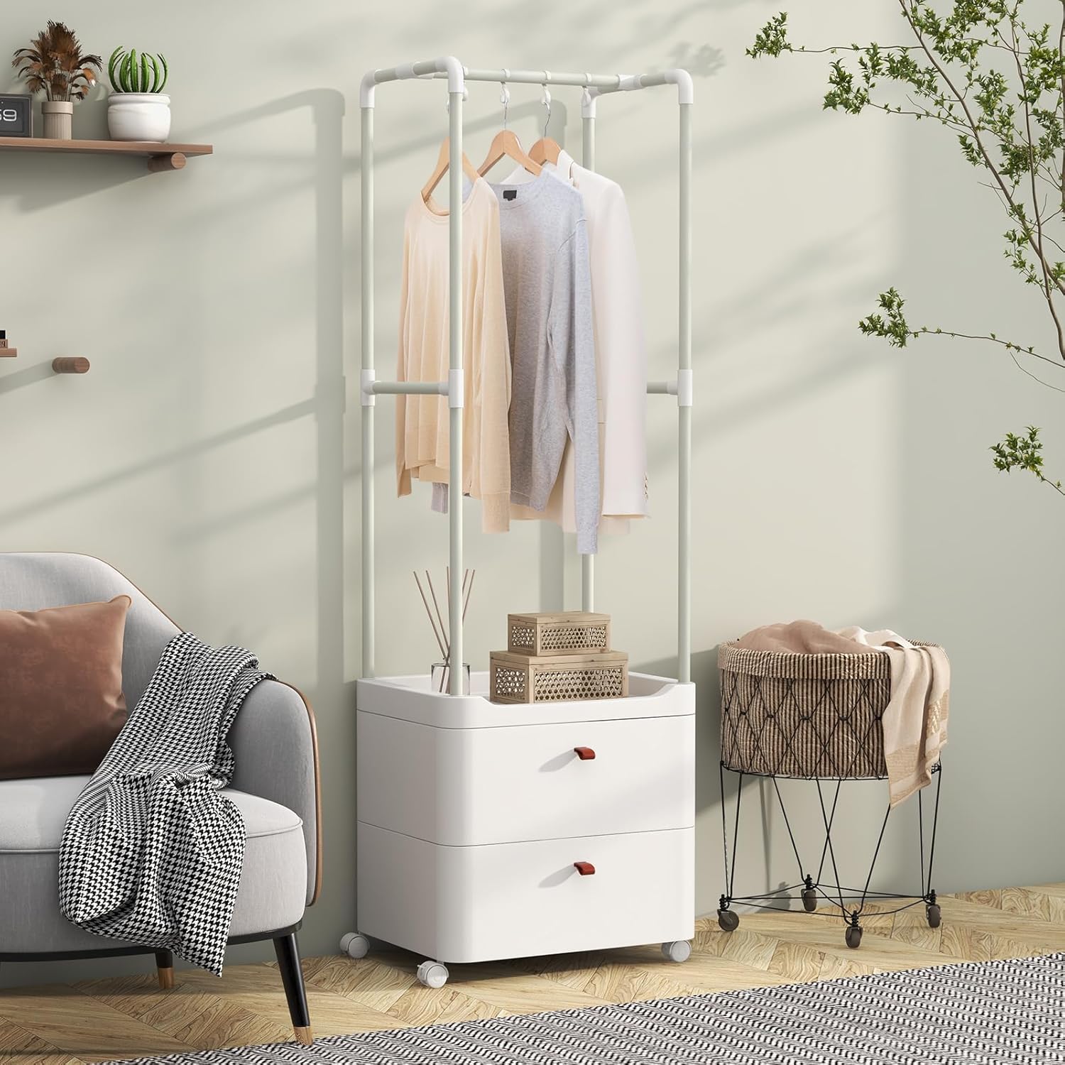 Portant a Vetement avec Roulettes, Penderie Solide avce 2 Tiroirs ...