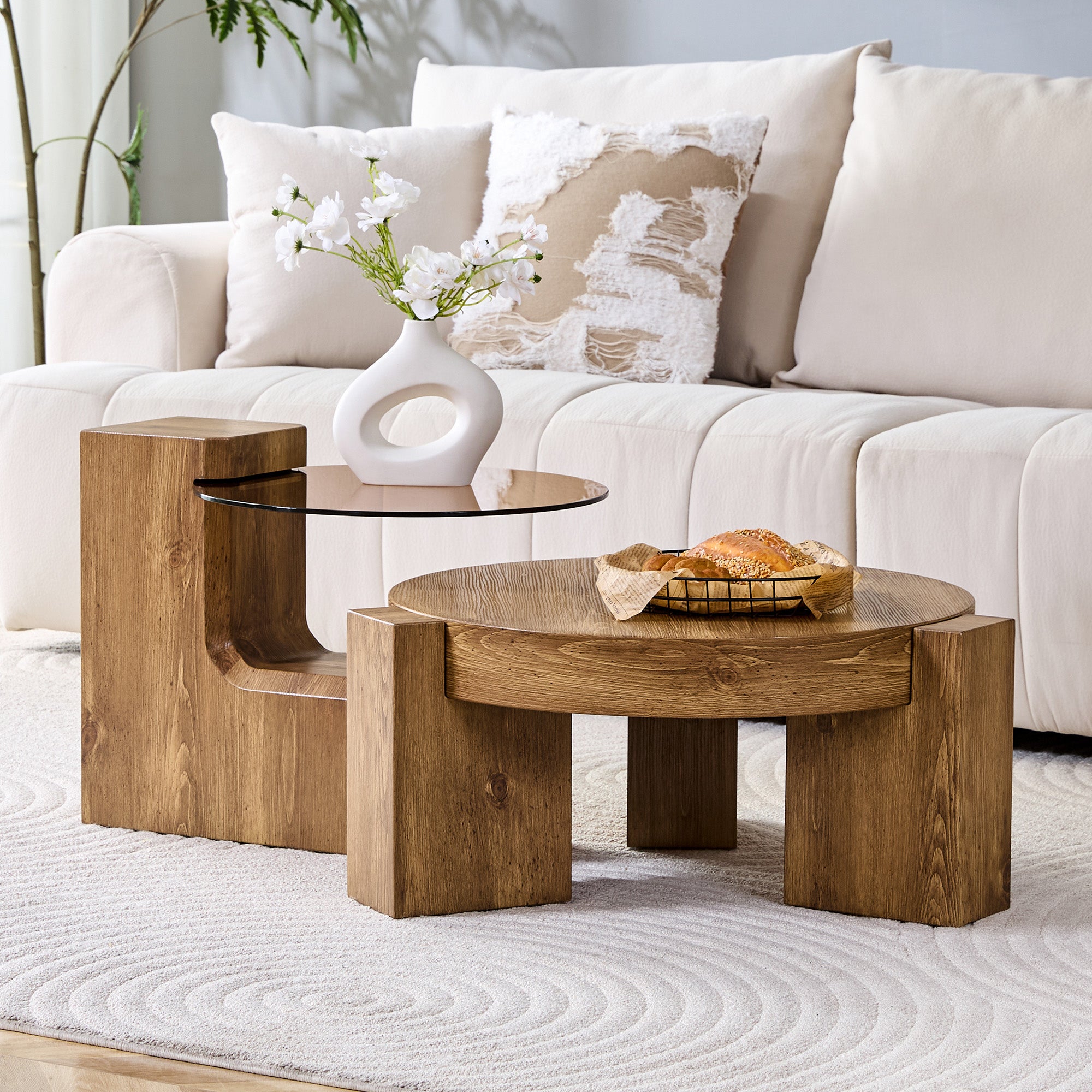 Set table basse modulable MDF bois + verre trempé brun, adaptable, 2 en ...