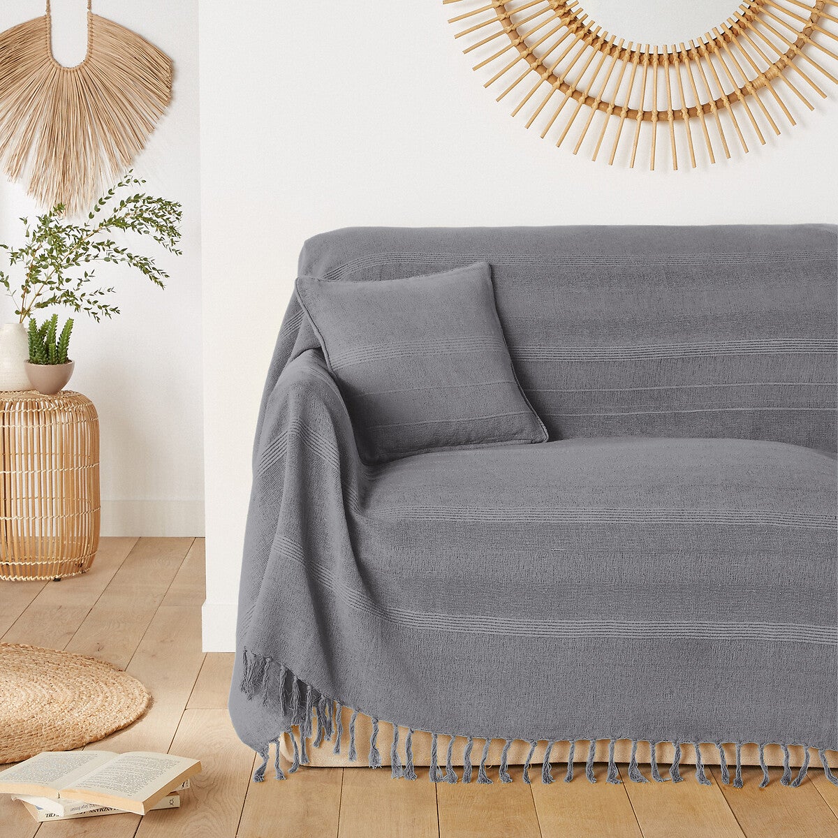 Plaid artisanal frangé coton, Nedo - Gris - 150 x 150 cm | Leroy Merlin