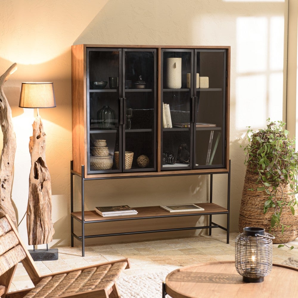 SIXTINE - Buffet 4 portes en bois de teck recyclé vitrées 6 étagères ...