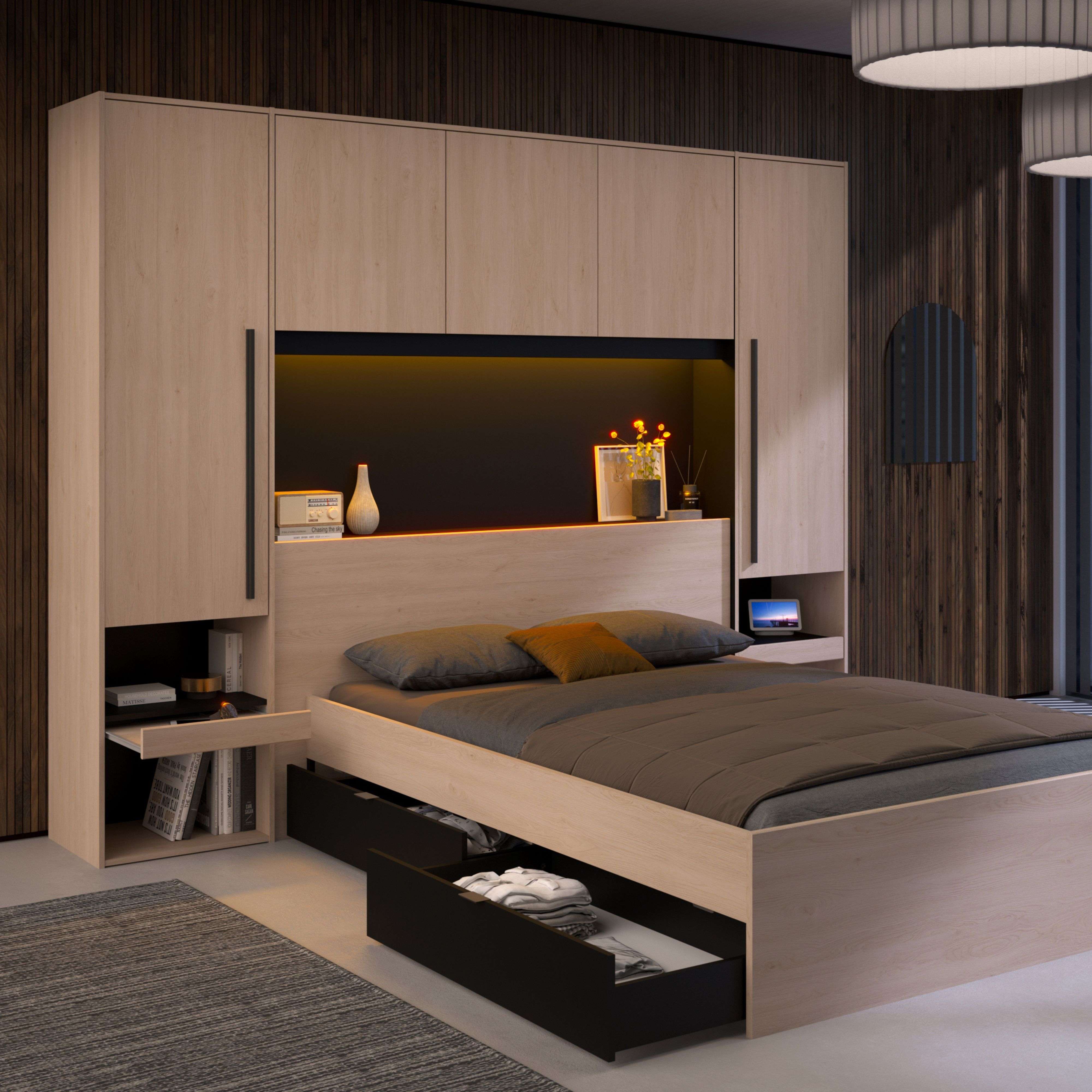 Pack Cama Doble John de Estilo Industrial en Color Roble Jackson y Negro Mate con Almacenaje de ...