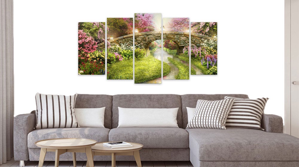 Tableau 5 parties paysage illustré pont de pierre - 150x80 cm | Leroy ...