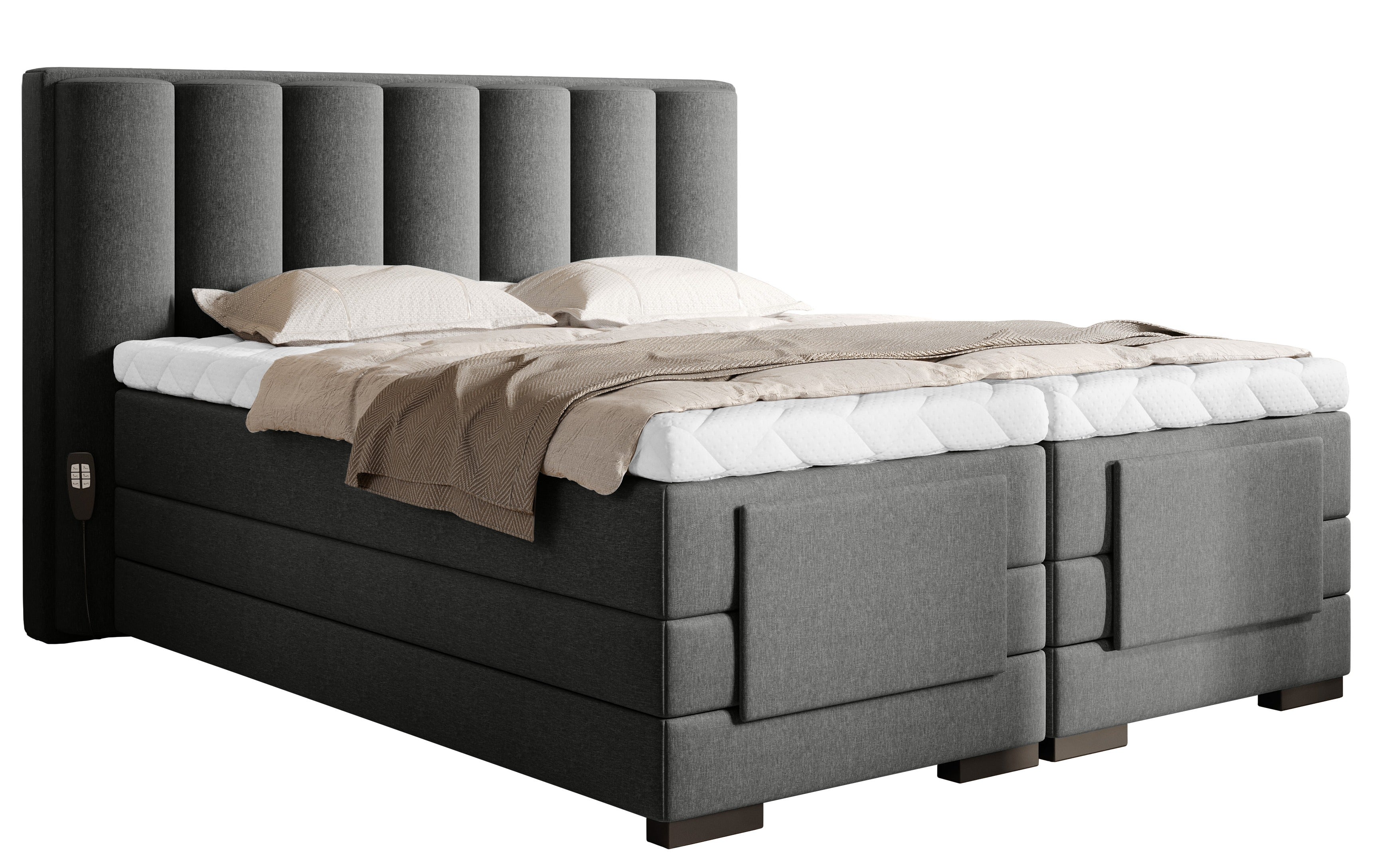 Lit boxspring électrique tissu gris chiné avec matelas et surmatelas ...