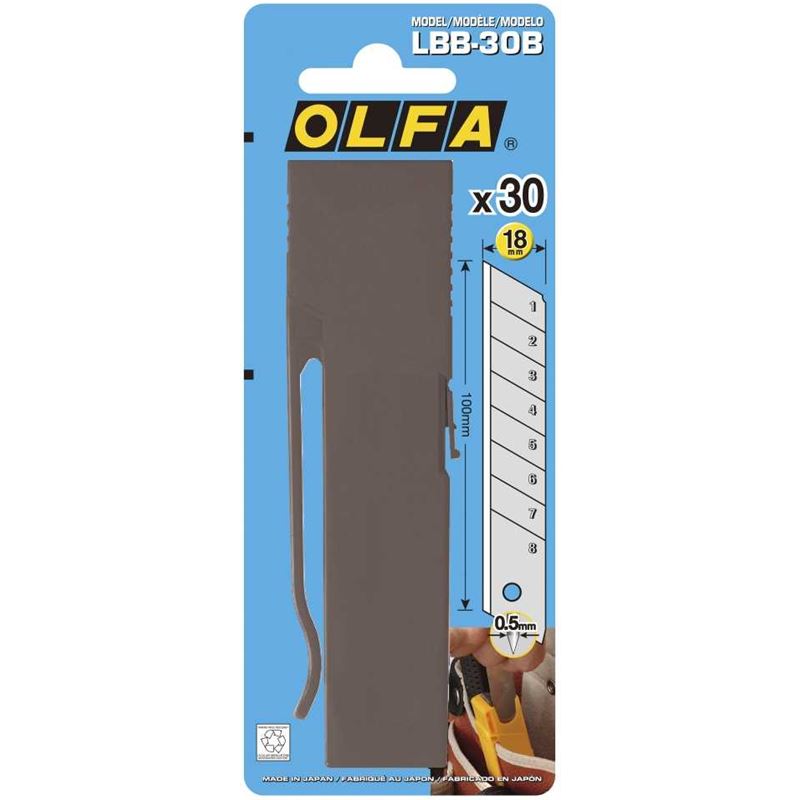 Pack de 30 cuchillas troceables negras Excel Black de 18 mm en caja de plástico con clip Olfa ...