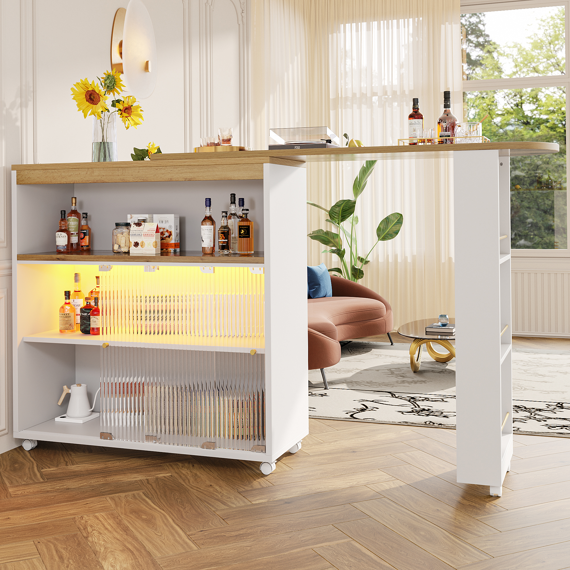 Buffet、Meuble de bar pivotant et escamotable avec LED - compartiments ...