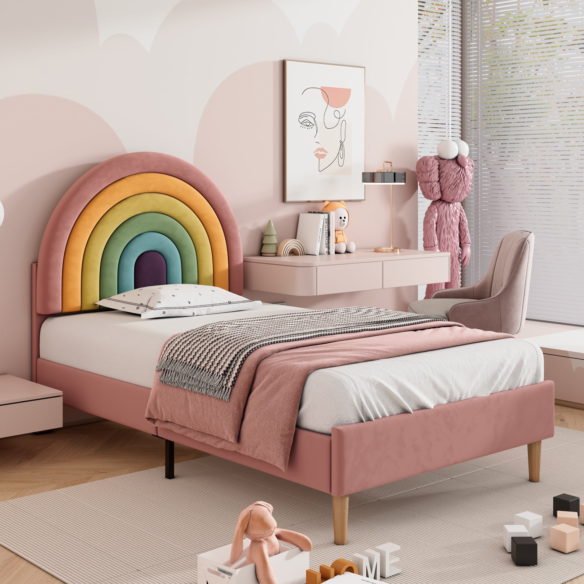 Lit enfant 90x200 cm avec tête de lit arc-en-ciel, design moderne pour ...