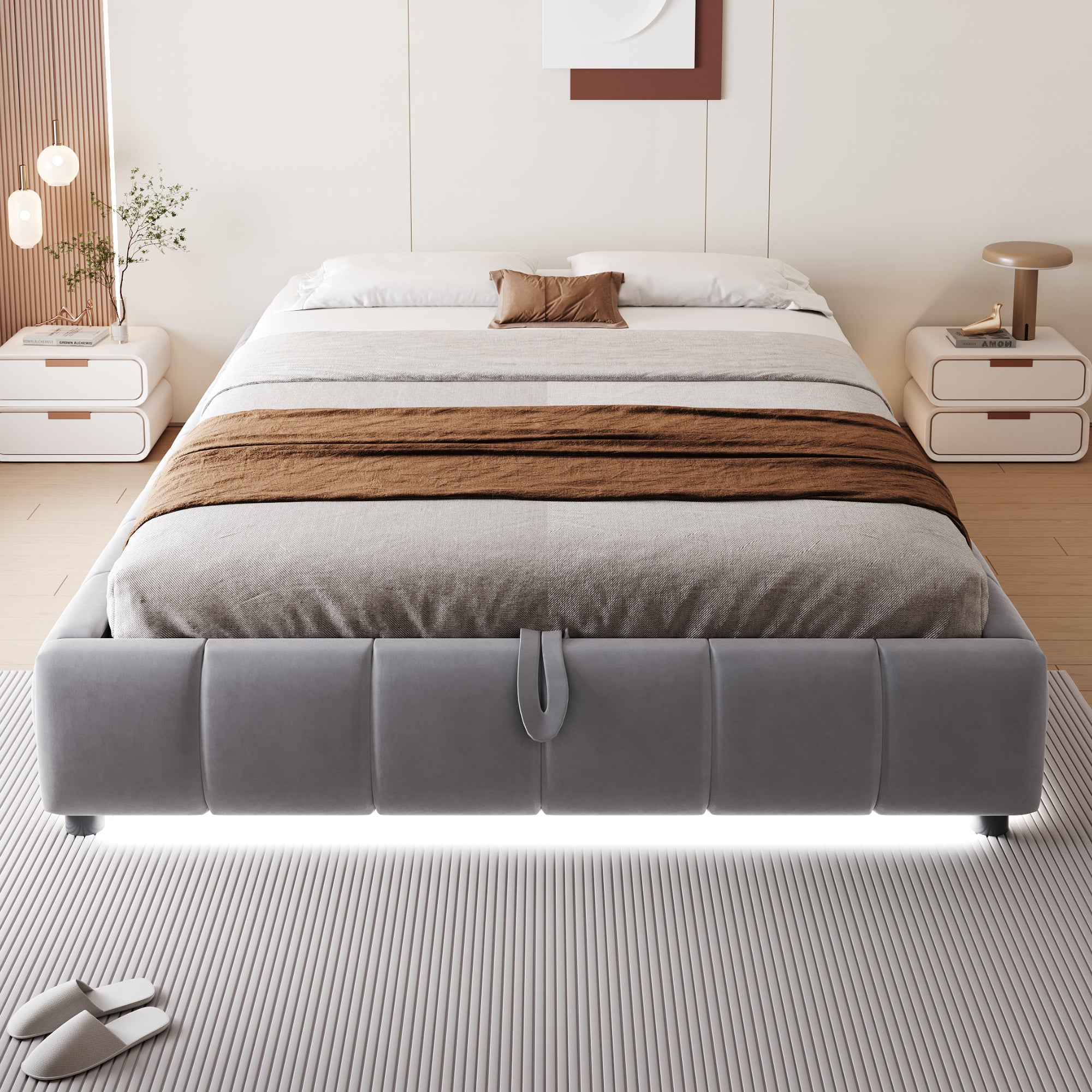 Letto imbottito 140 x 200 cm - Senza testiera, barra luminosa a LED ...