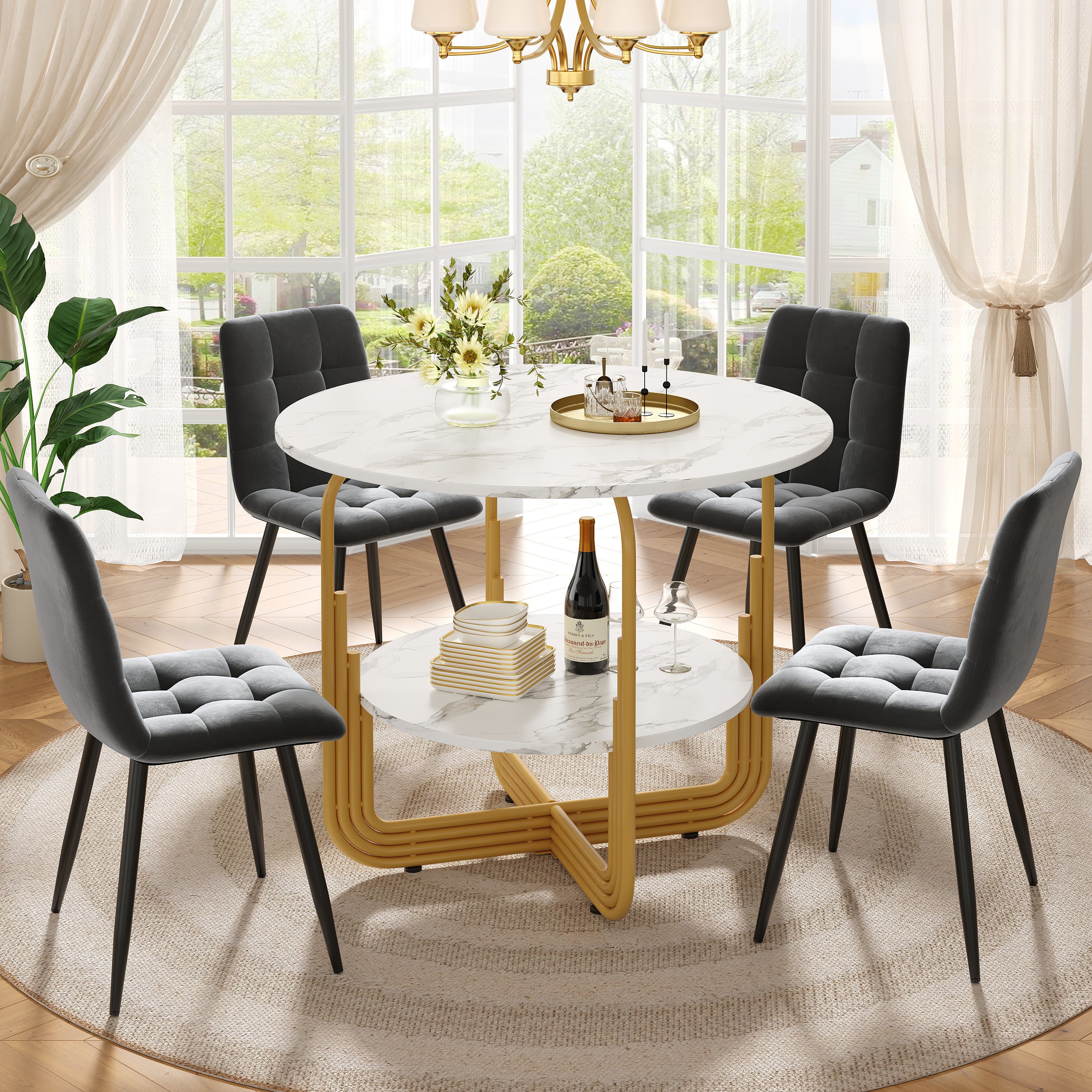 Ensemble table à manger ronde + 4 chaises en velours - D 80 x H 76 cm ...