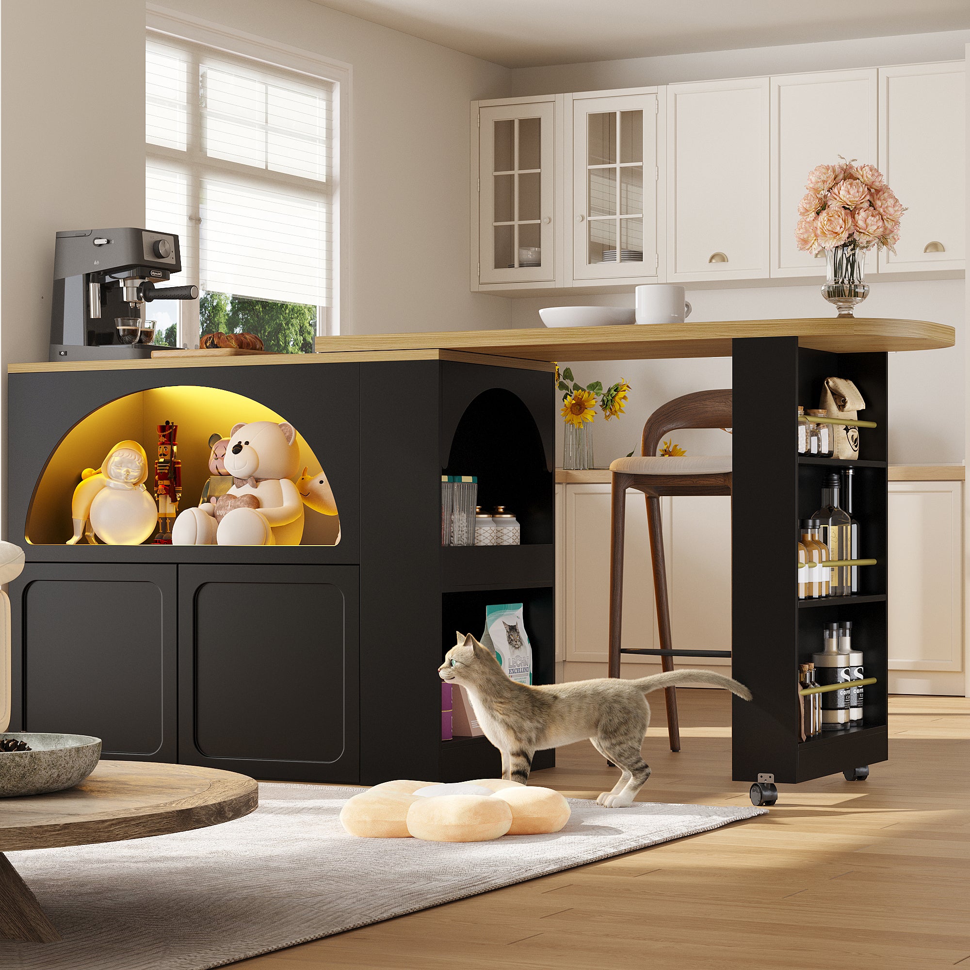 Table bar extensible noire 135-205x39x100cm, mobile, LED, îlot, porte ...