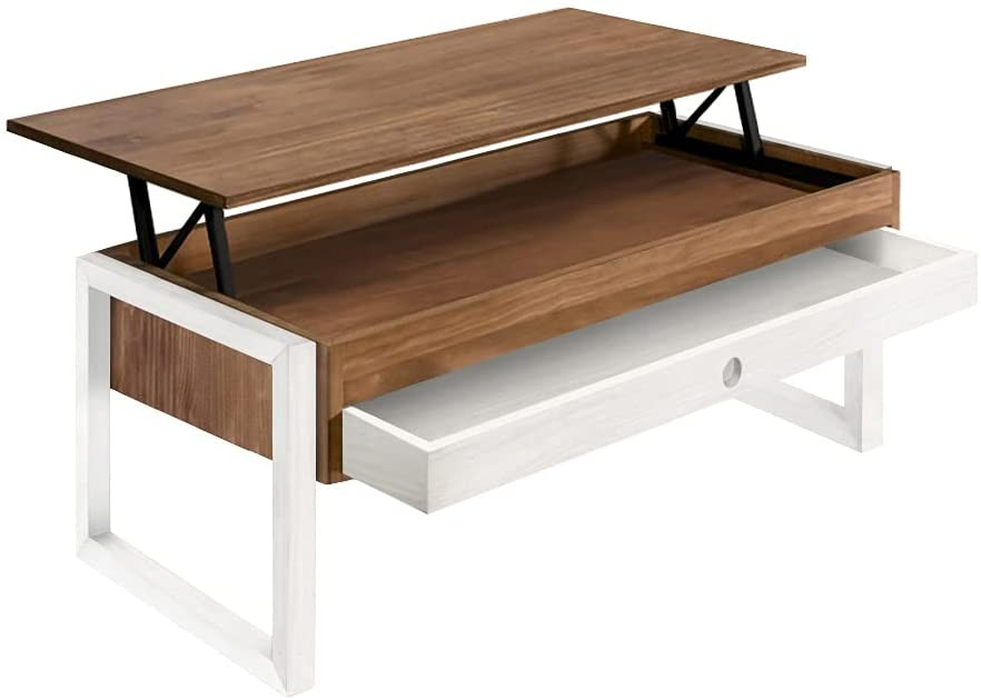 Mesa centro elevable cajón deslizante madera maciza encerado y blanco | Leroy Merlin