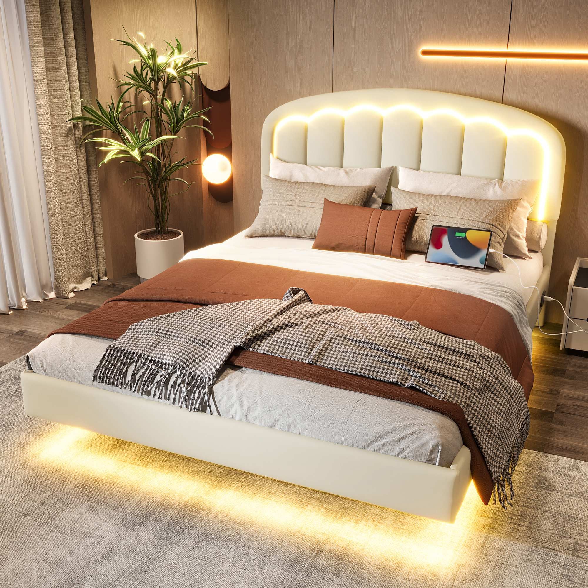 Lit moderne 140x200 cm - Design flottant, éclairage LED, port USB Type ...