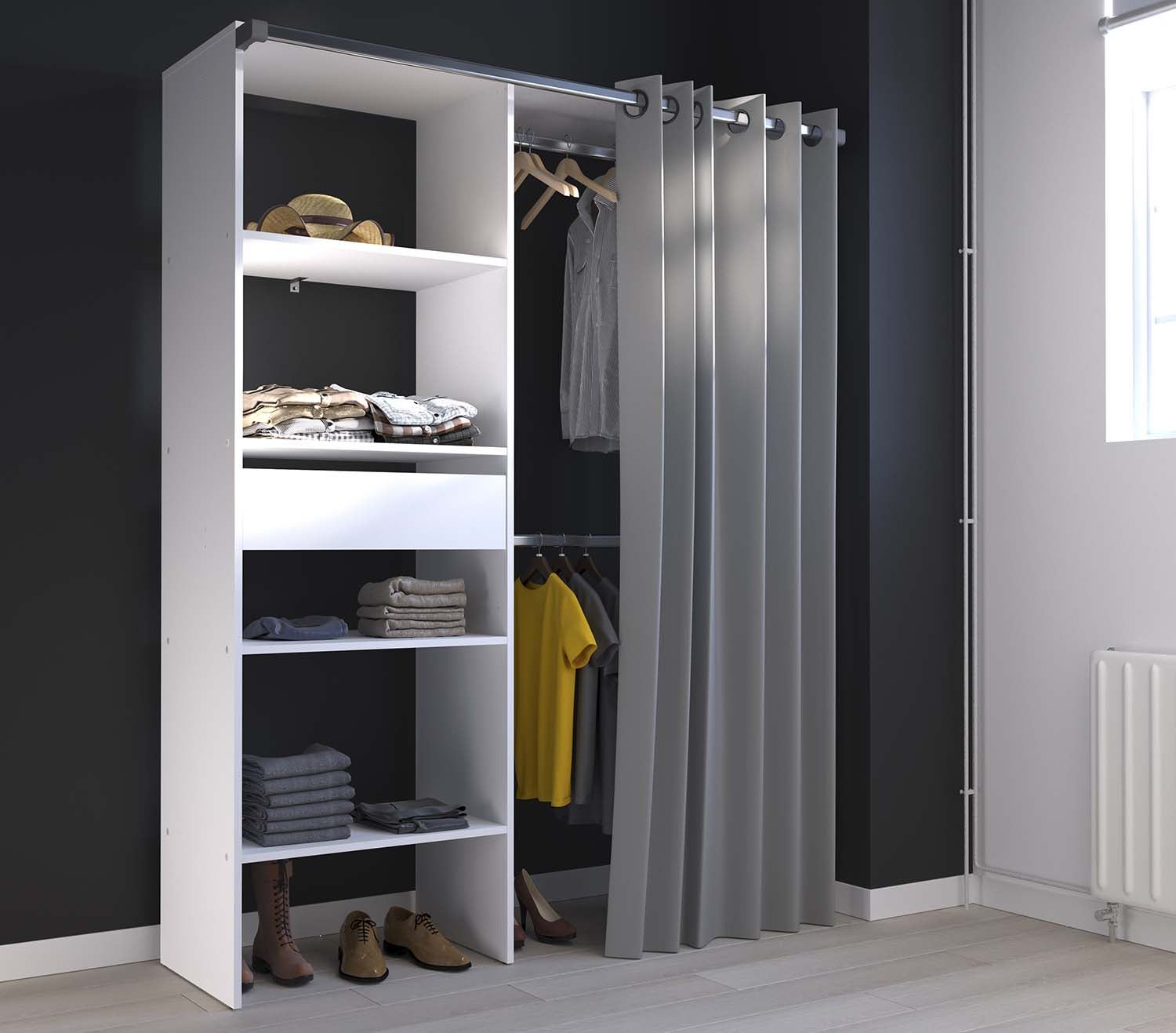 Dressing avec rideau, 4 étagères, 2 penderies et 1 tiroir 143x48x182 ...