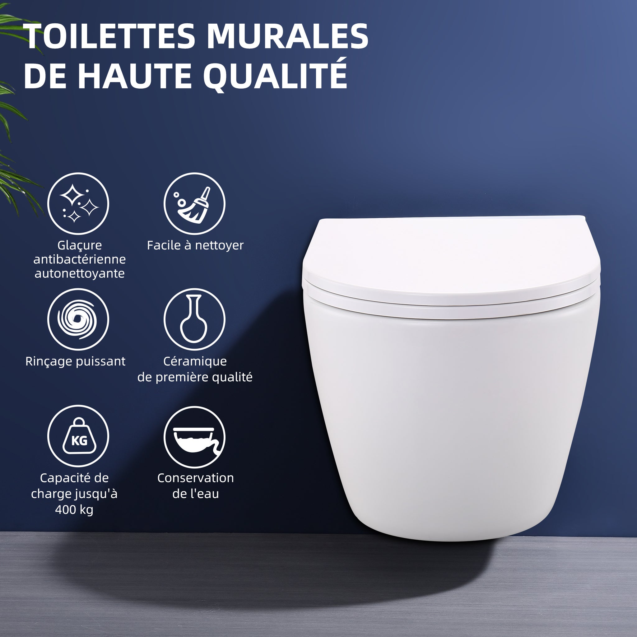 WC Suspendu Sans Bride en Céramique Blanche avec Abattant Frein de ...