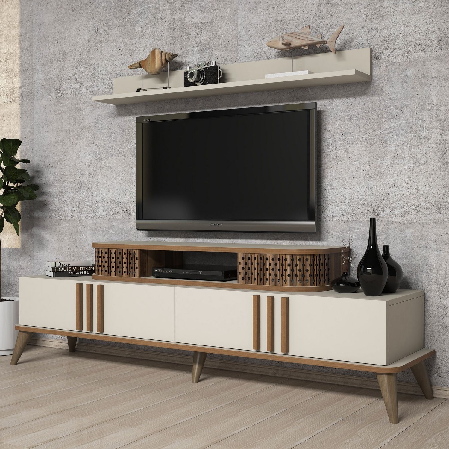 Meuble TV avec étagère murale Chanez Blanc crème et Bois foncé | Leroy ...