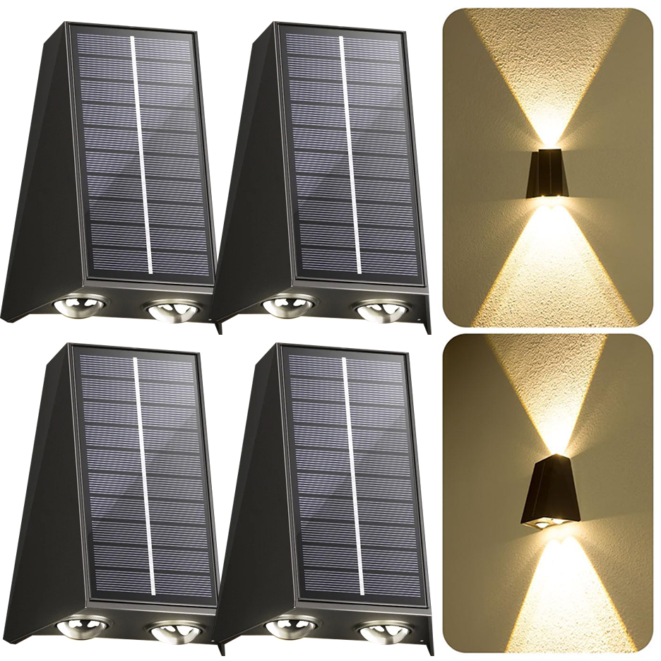 Lot de 4 lampes solaires d'extérieur, éclairage haut-bas, appliques murales solaires LED ...