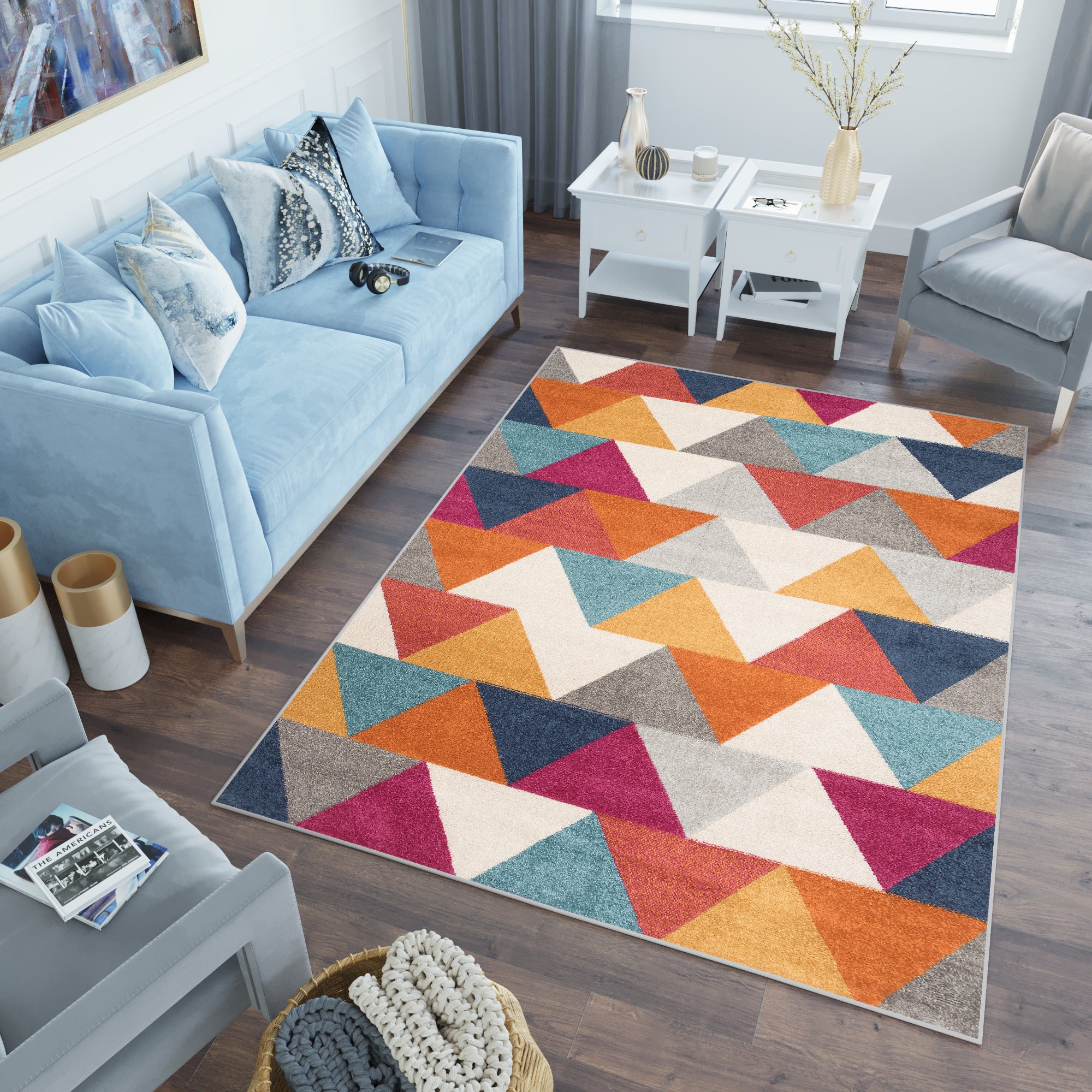 TAPISO Lazur Tapis Salon Moderne Turquoise Gris Crème Rose Triangles ...