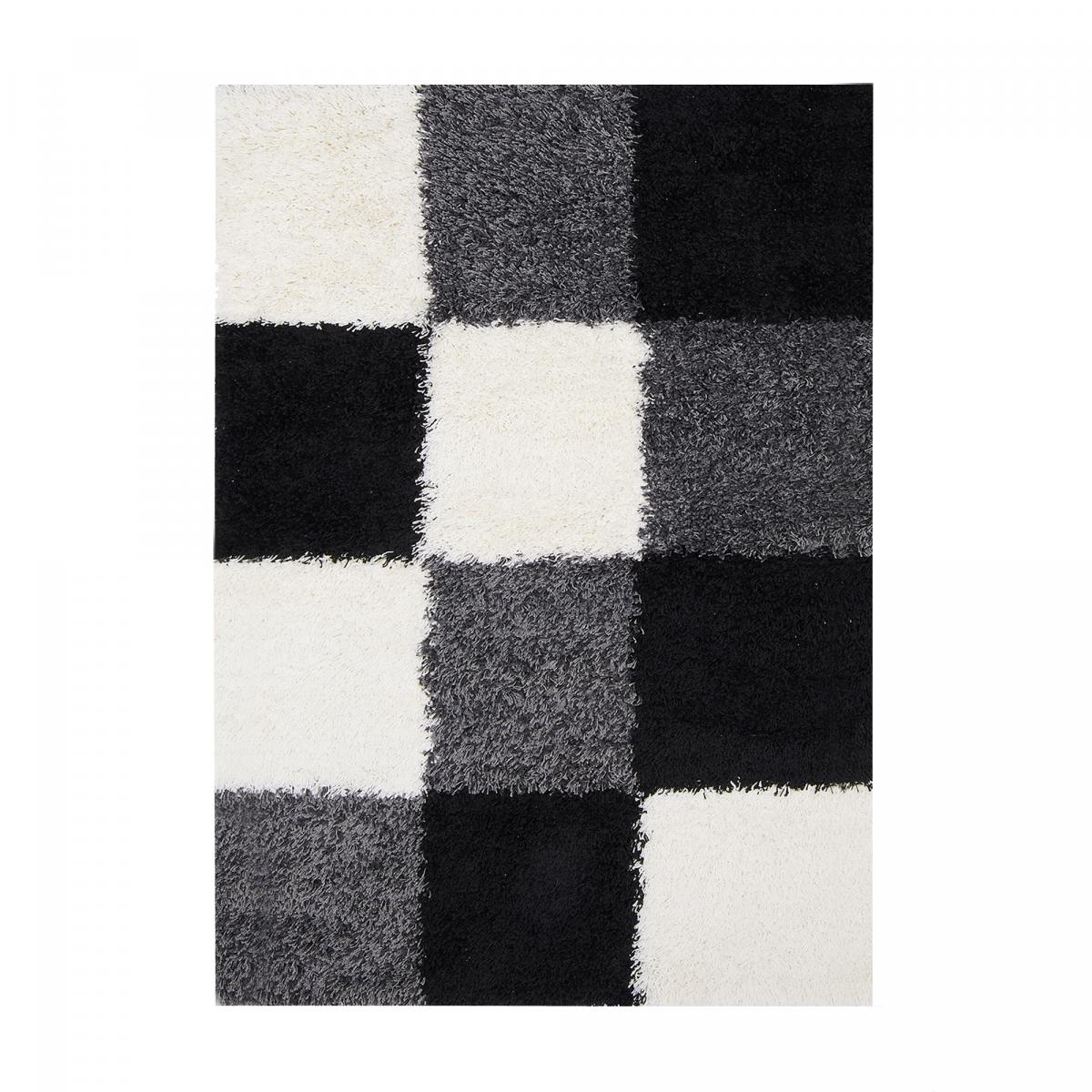 Tapis longs poils shaggy 120x170 rectangle tissé gris et noir motif damier | Leroy Merlin