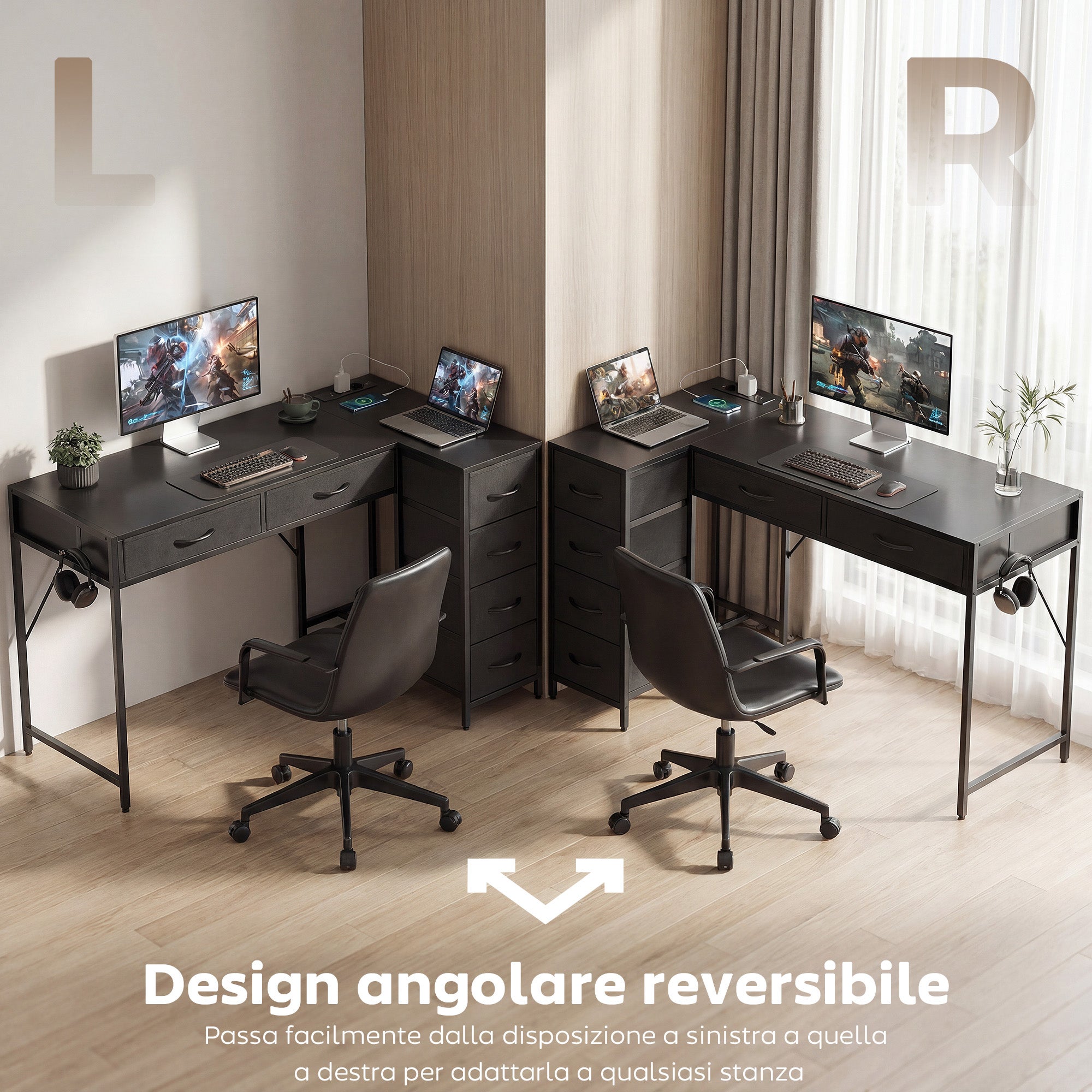 Bureau d’angle à 6 tiroirs avec crochet latéral et douilles intégrées ...