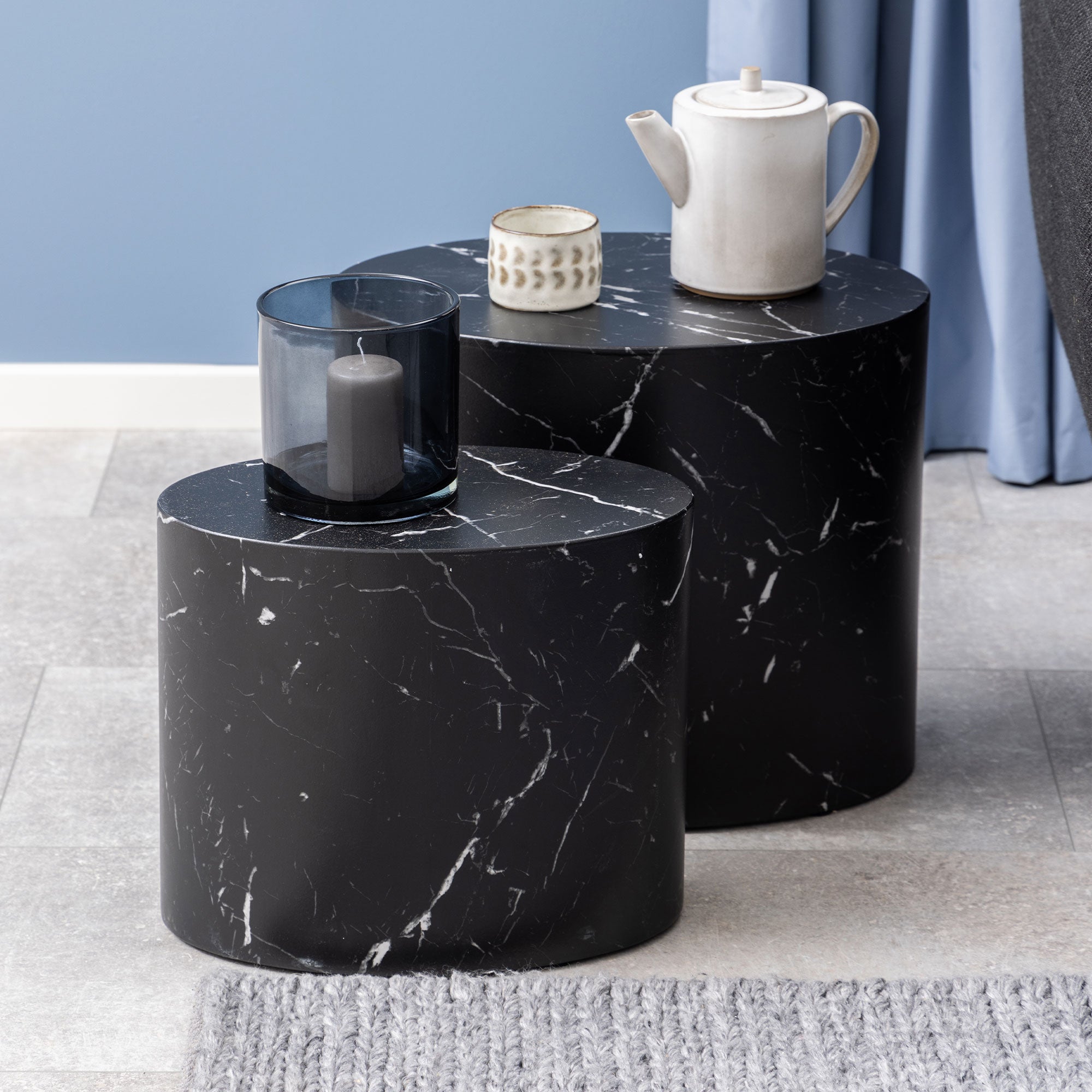 Set tavolini Oakland 780, Marmo nero, 40x33x48cm, Pannello di fibra a ...