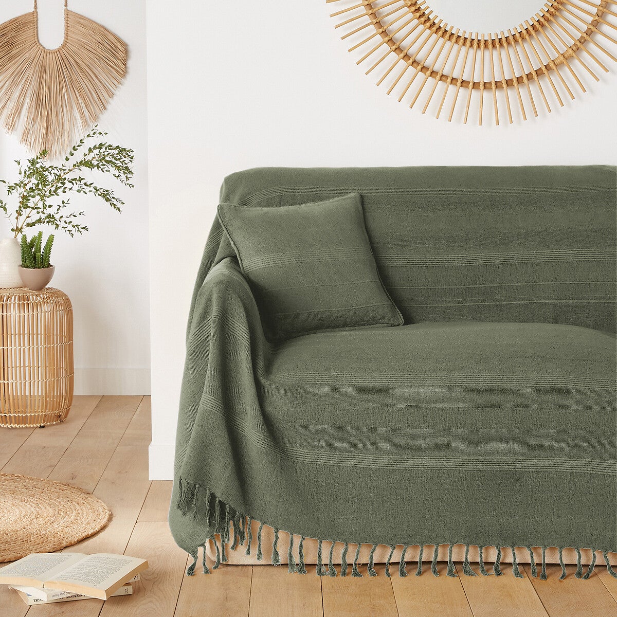 Plaid artisanal frangé coton, Nedo - Vert - 150 x 150 cm | Leroy Merlin