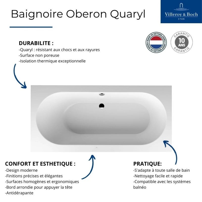 Baignoire droite 190 X 90 VILLEROY ET BOCH Oberon Quaryl | Leroy Merlin