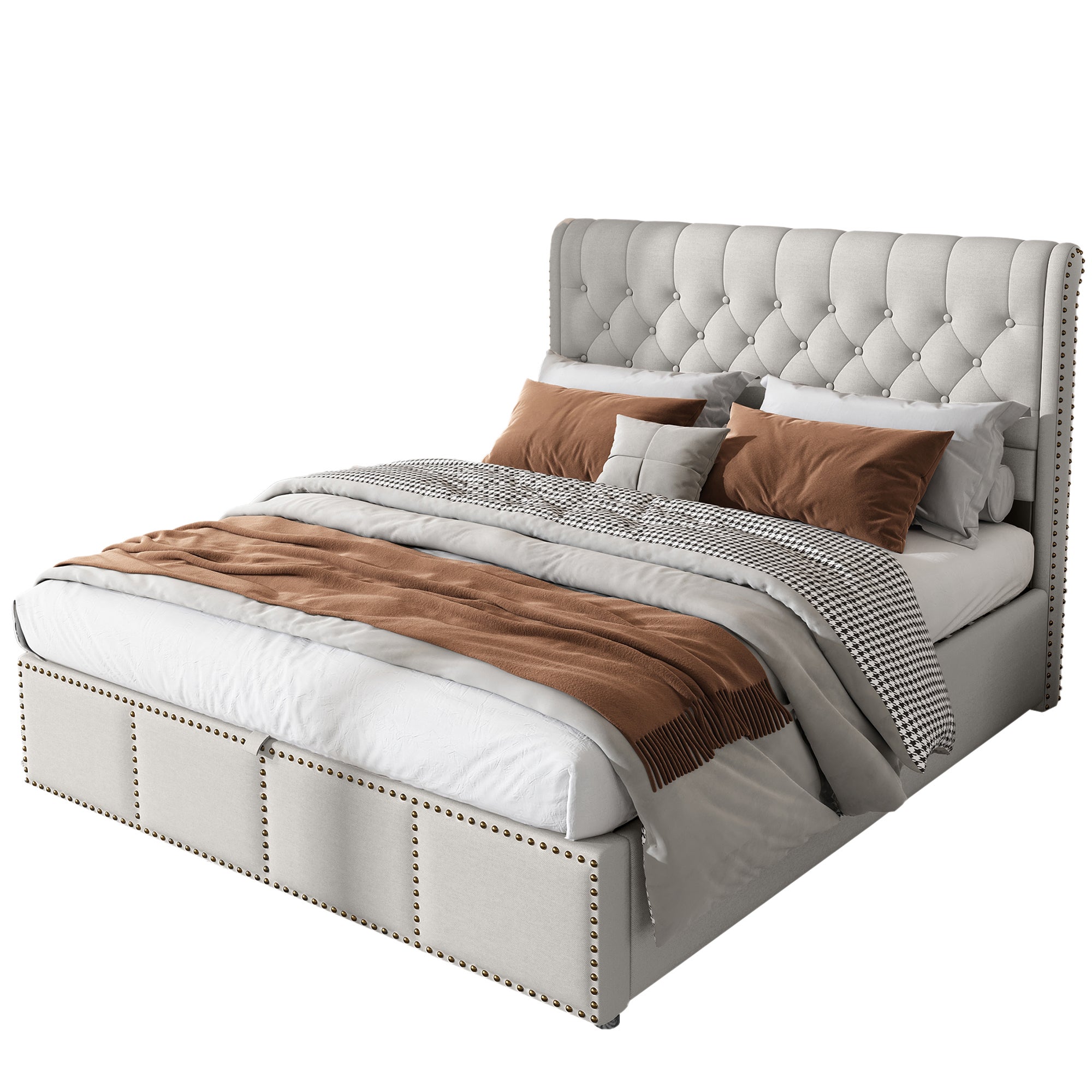 Lit coffre décor rivets, lit adulte 160x200 cm avec rangement sous le ...