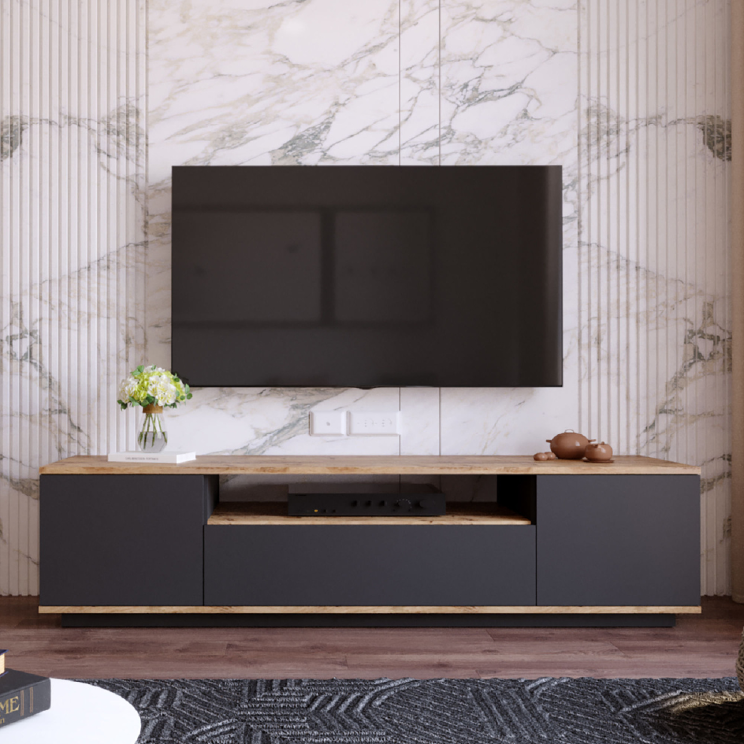 Meuble TV gris et bois 180 cm TYRO | Leroy Merlin