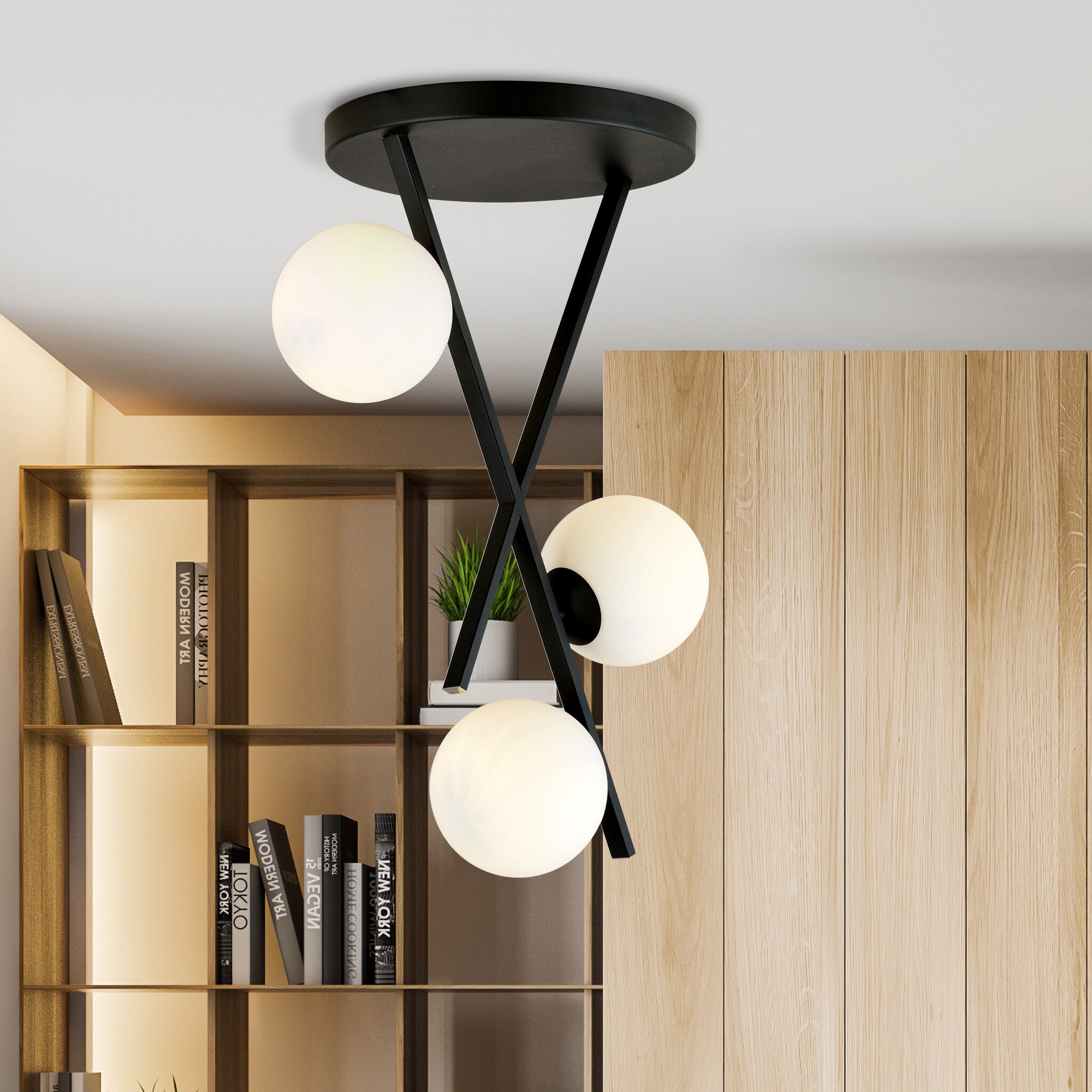 Plafonnier avec tiges suspendues et 3 boules rondes en verre blanc lait ...