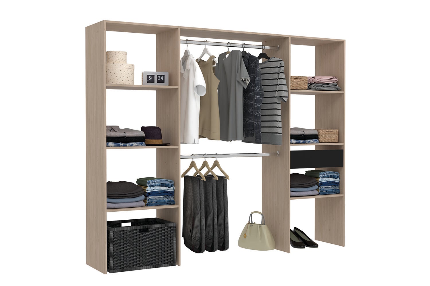 Dressing bois avec 6 étagères, 1 tiroir et 2 penderies : 220 x 40 x 180 ...