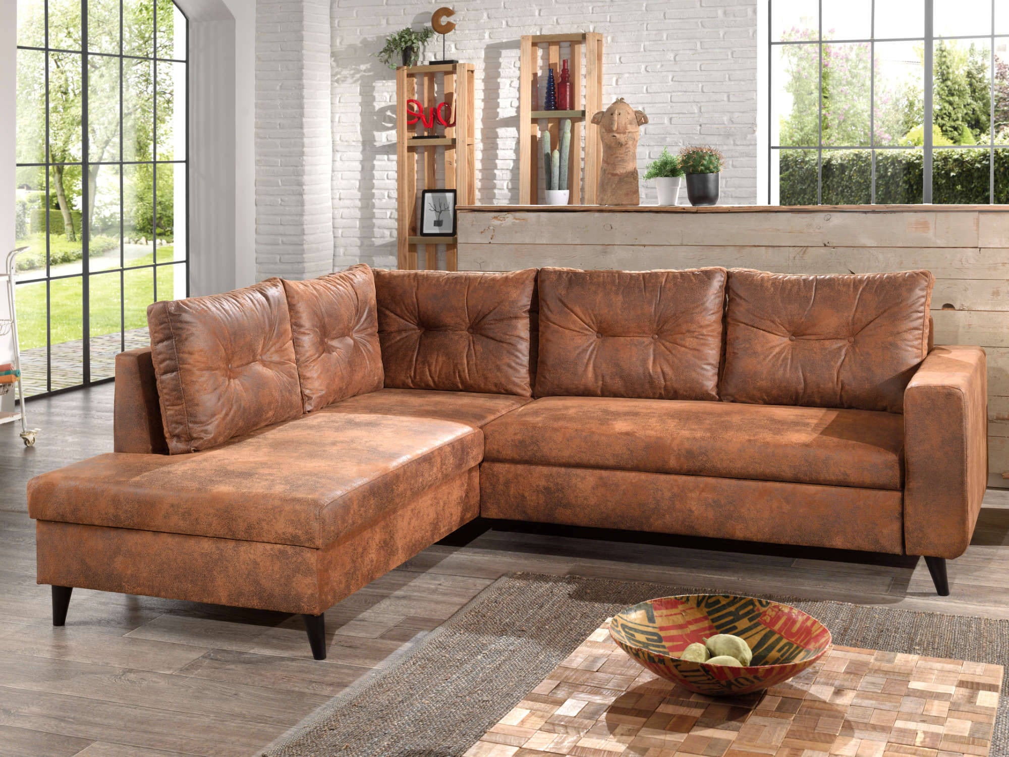 Canapé d'angle gauche convertible 5 places en microfibre marron ...