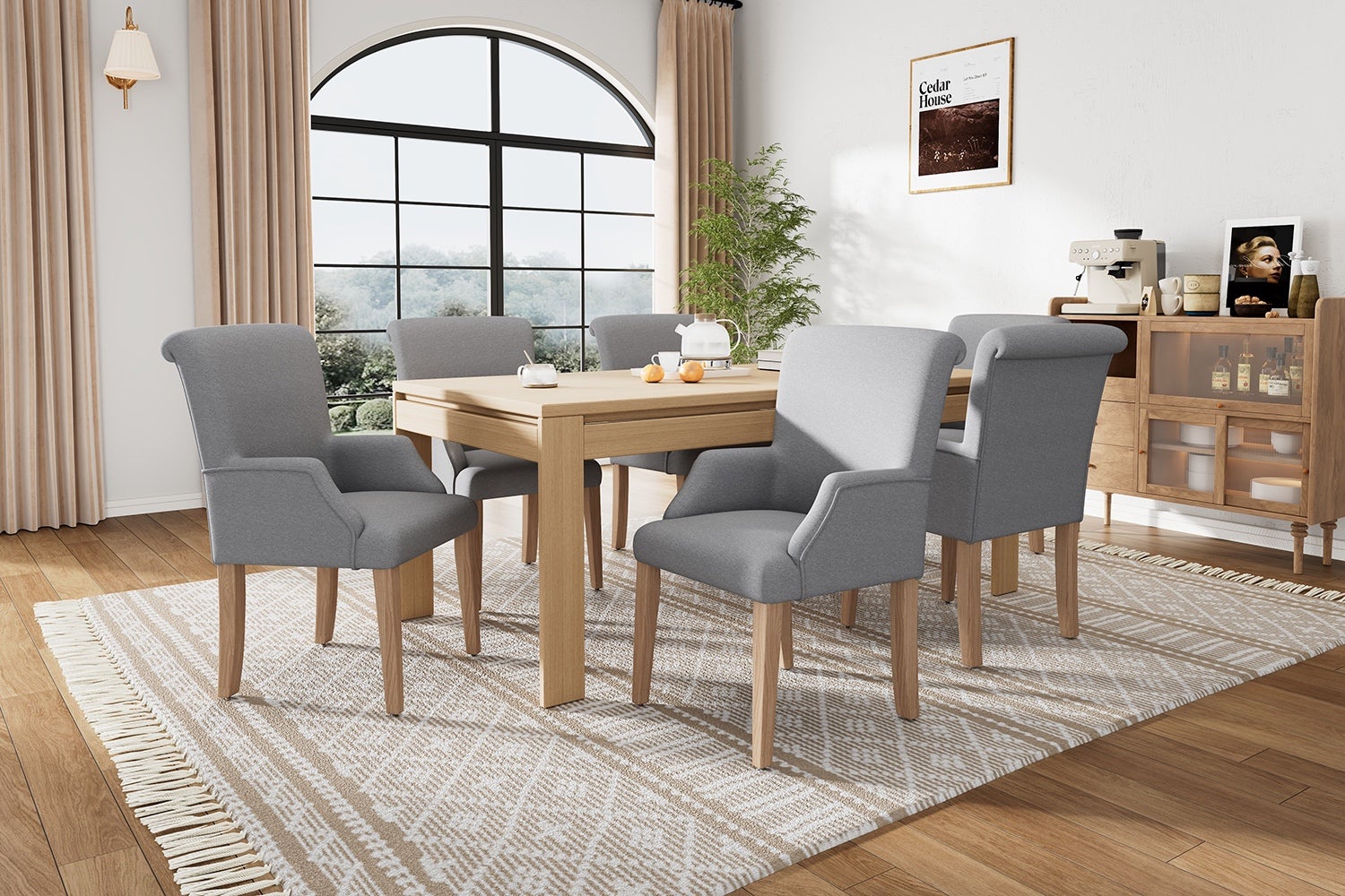 Lote de 6 sillas de lino - con patas ajustables de madera maciza - con reposabrazos - Gris ...