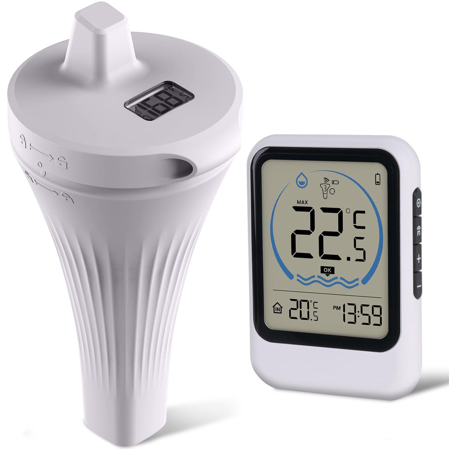 Thermomètre flottant sans fil pour piscine – Écran blanc + capteur gris, plage -40~70 °C, prise ...