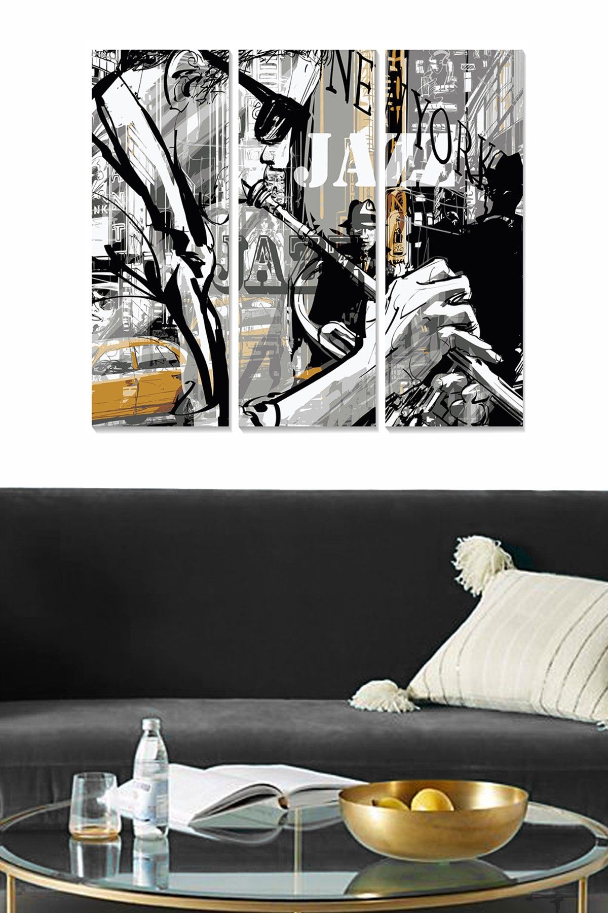 Triptyque Fabulosus L70xH50cm Motif Poster Jazz Noir, Blanc et Jaune ...
