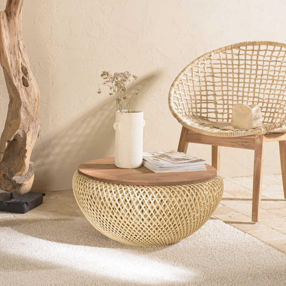 SIXTINE - Table basse ronde diam68 plateau bois teck recyclé rotin ...