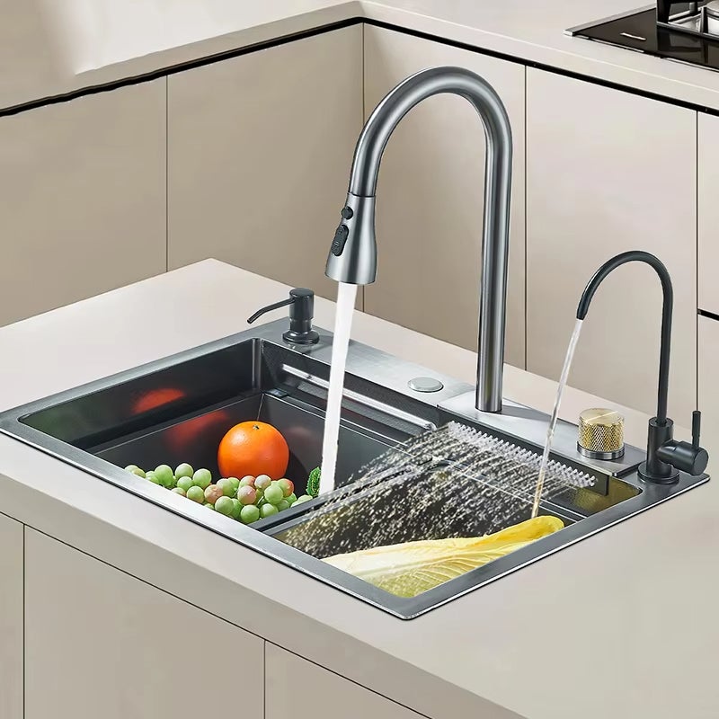 Évier de cuisine multifonctionnel en acier inoxydable à effet cascade ...