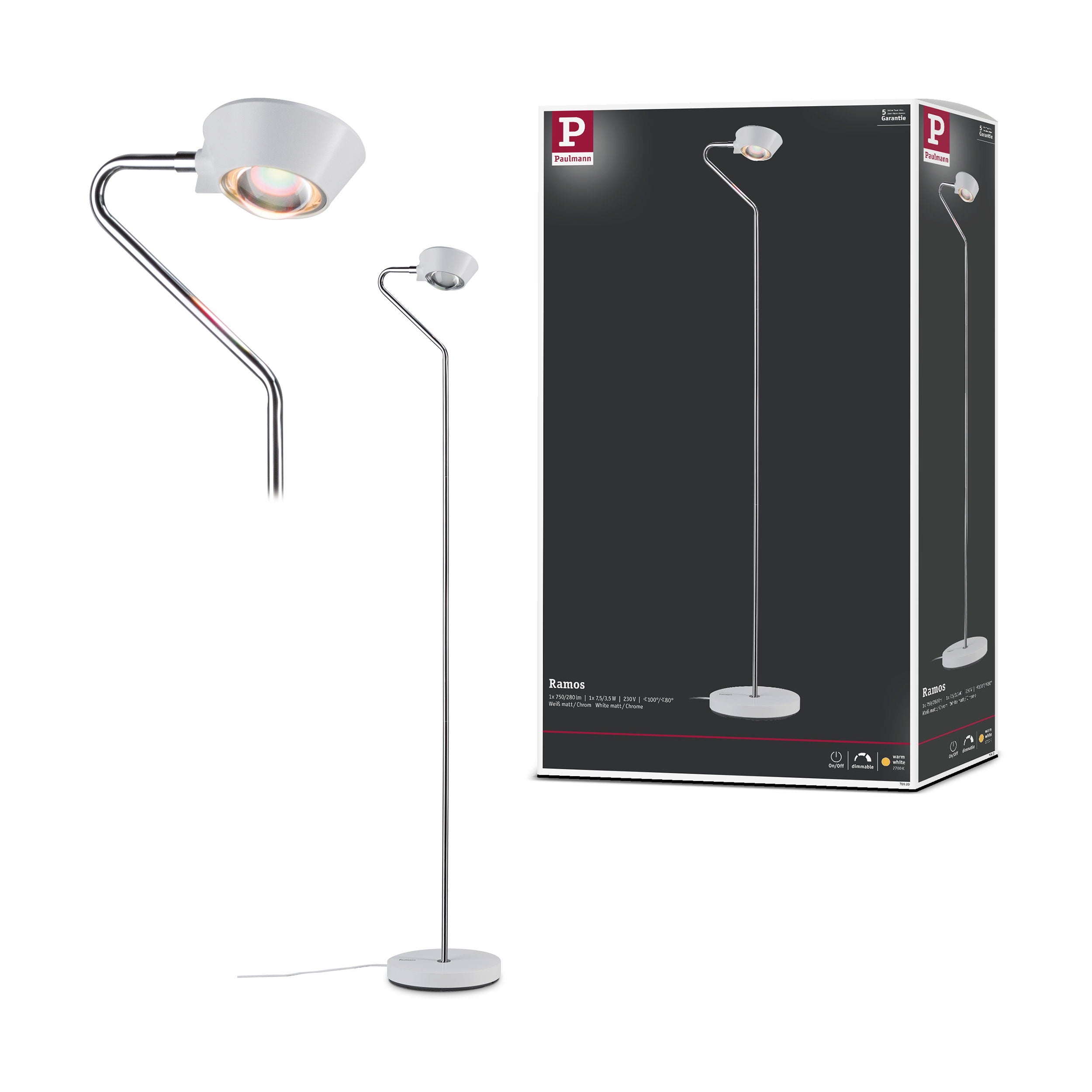 Lampadaire LED 3-Step-Dim Ramos 2700K 560lm / 220lm 7,5W / 3,5W Blanc ...