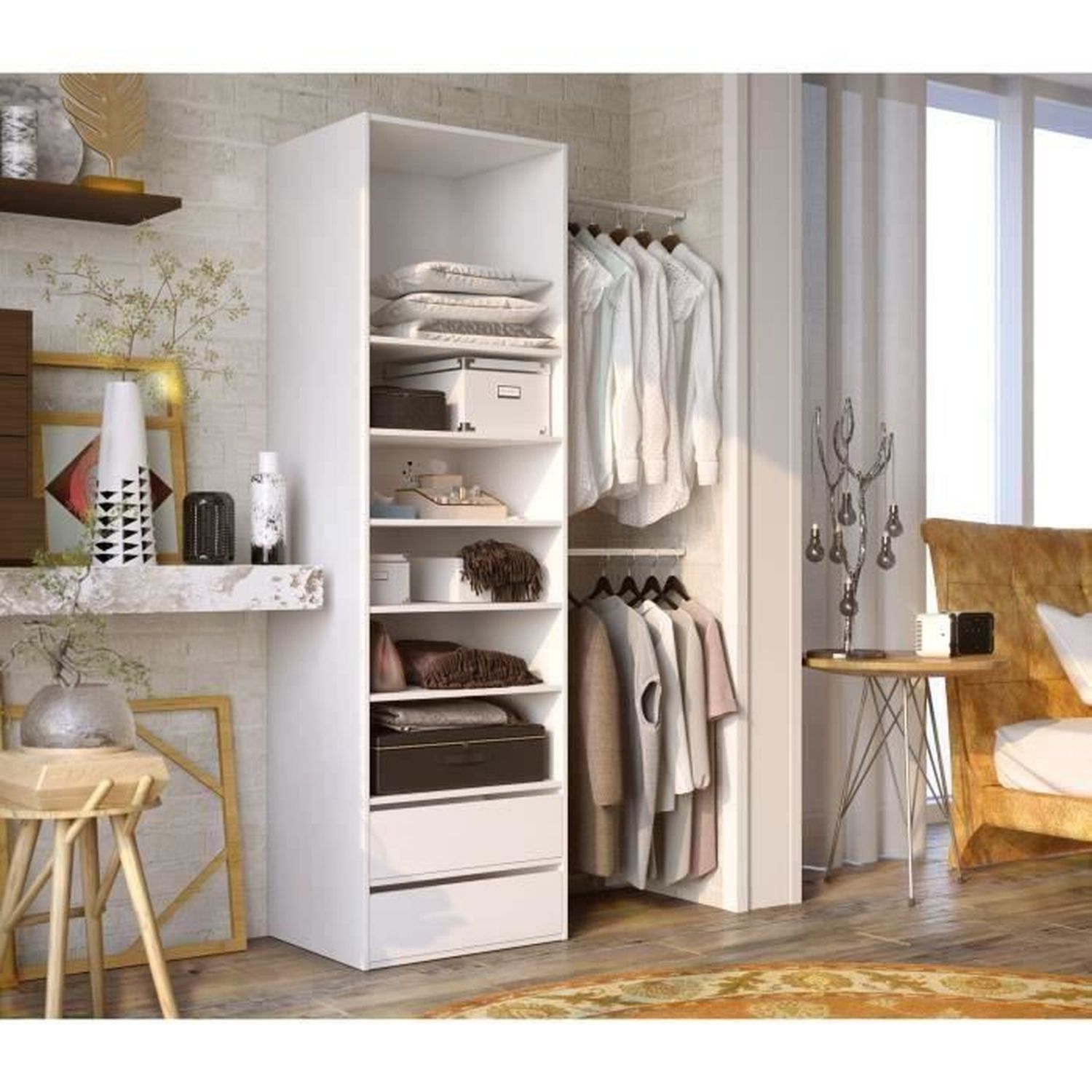 Dressing 1 colonne COMBI - Blanc - 2 penderies et 2 tiroirs - 117 x 48 ...
