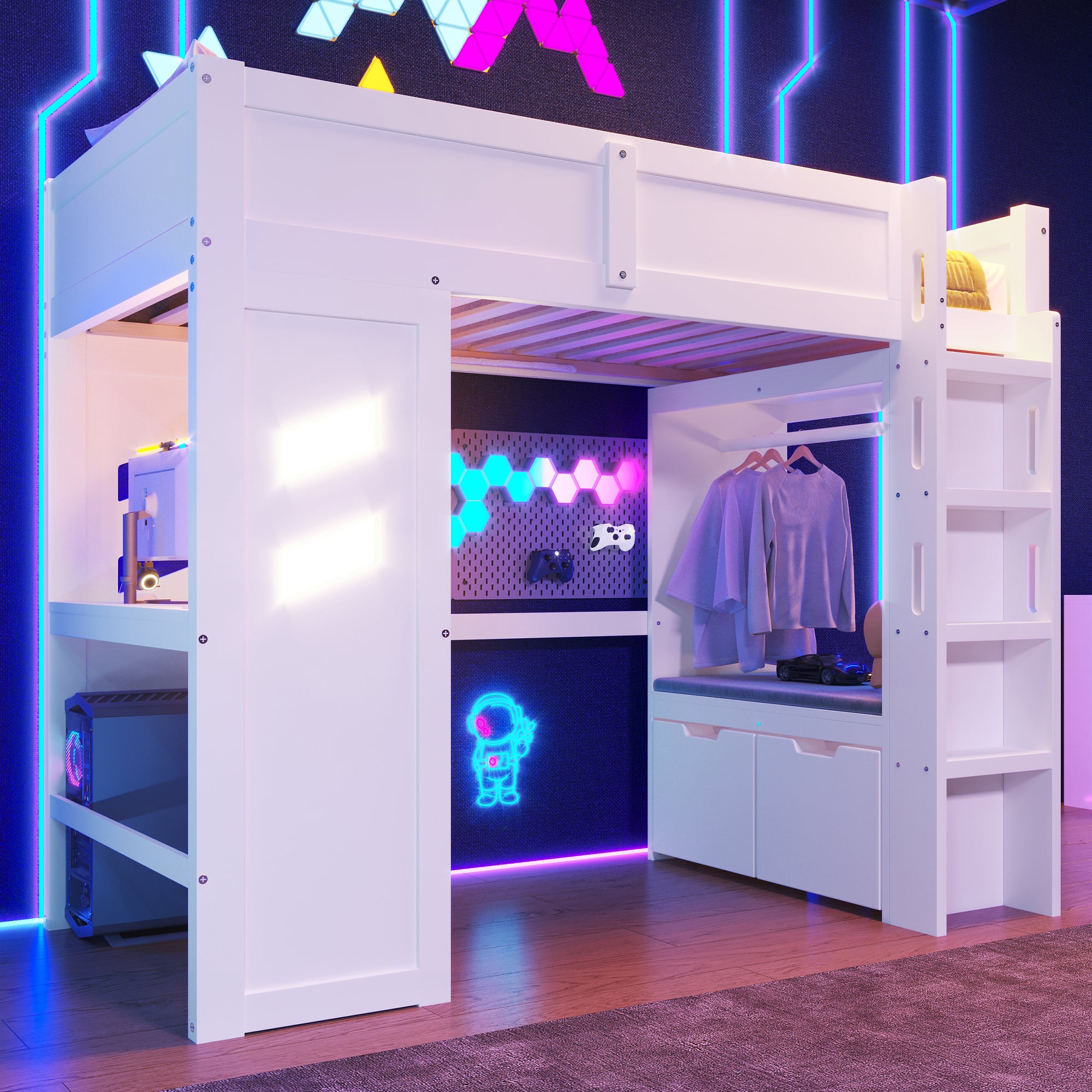 Lit mezzanine 90x200 cm, lit gaming avec bureau, éclairage LED, 1 port ...