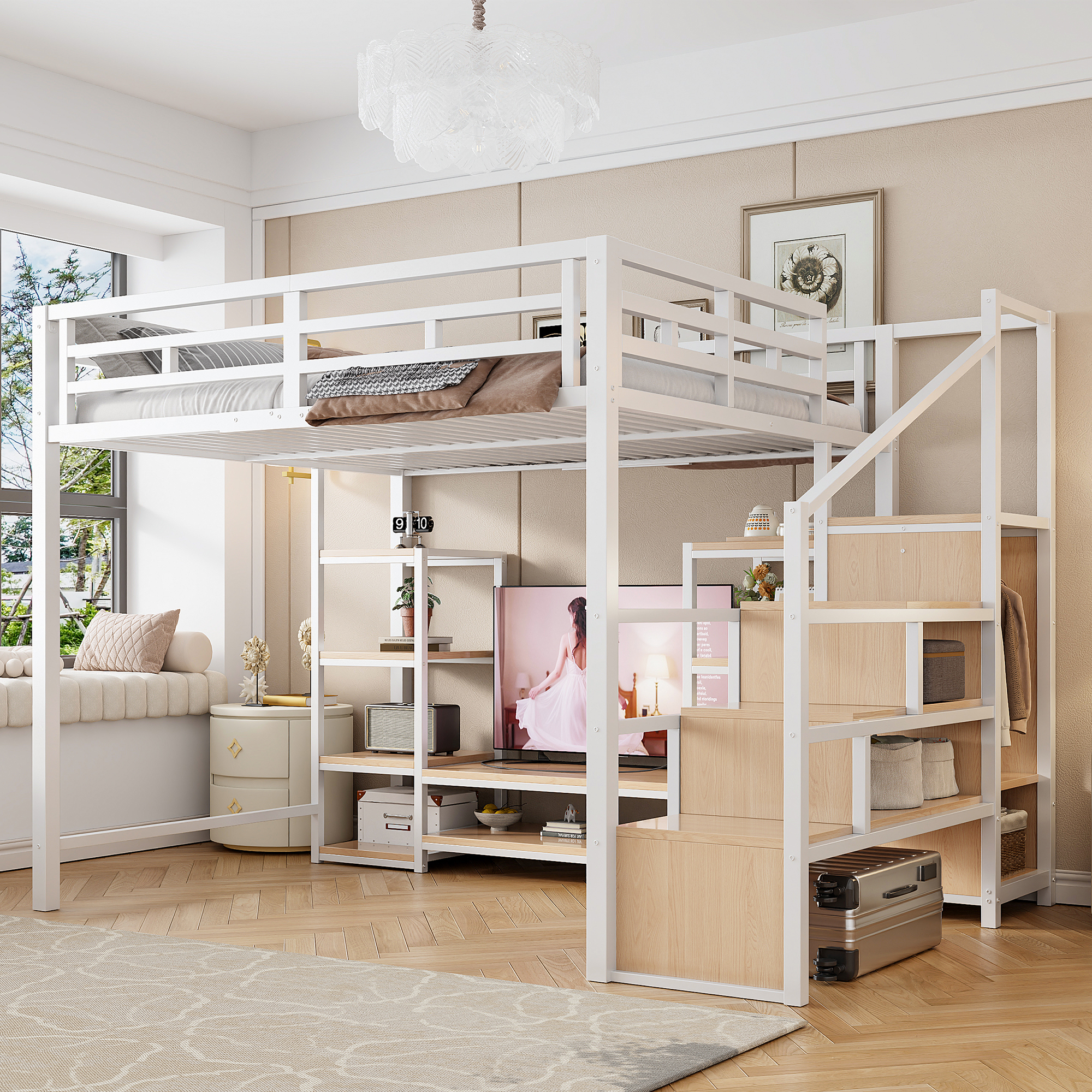 Cama alta de 140 x 200 cm con mueble para TV y estantes de ...