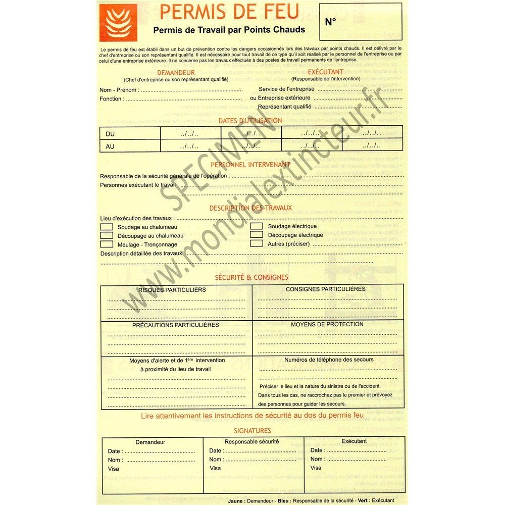 Permis de feu (Liasse de 50 formulaires en 3 exemplaires) / Marque ...