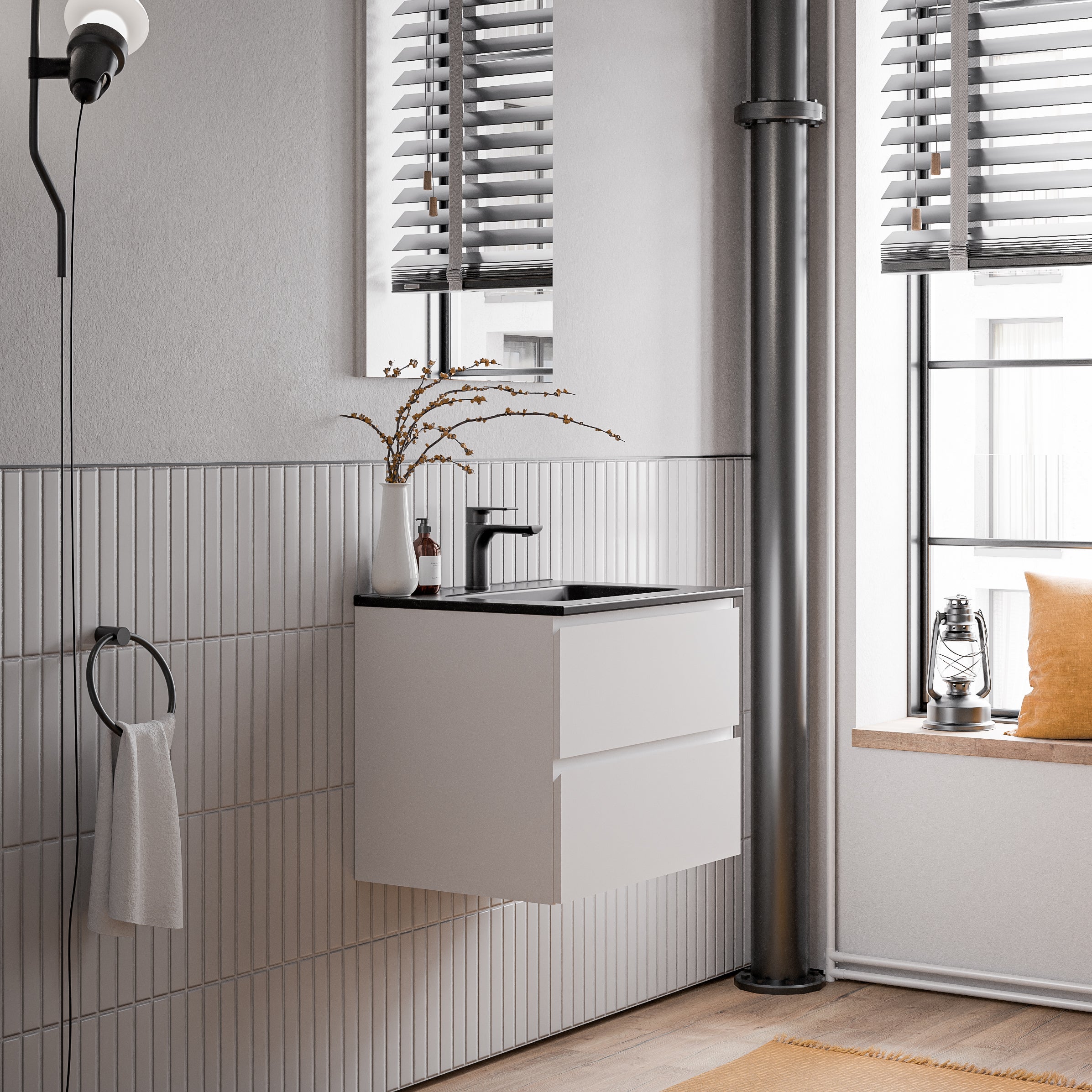 BERNSTEIN - Mueble lavabo suspendido MDF blanco mate, lavabos negro ...