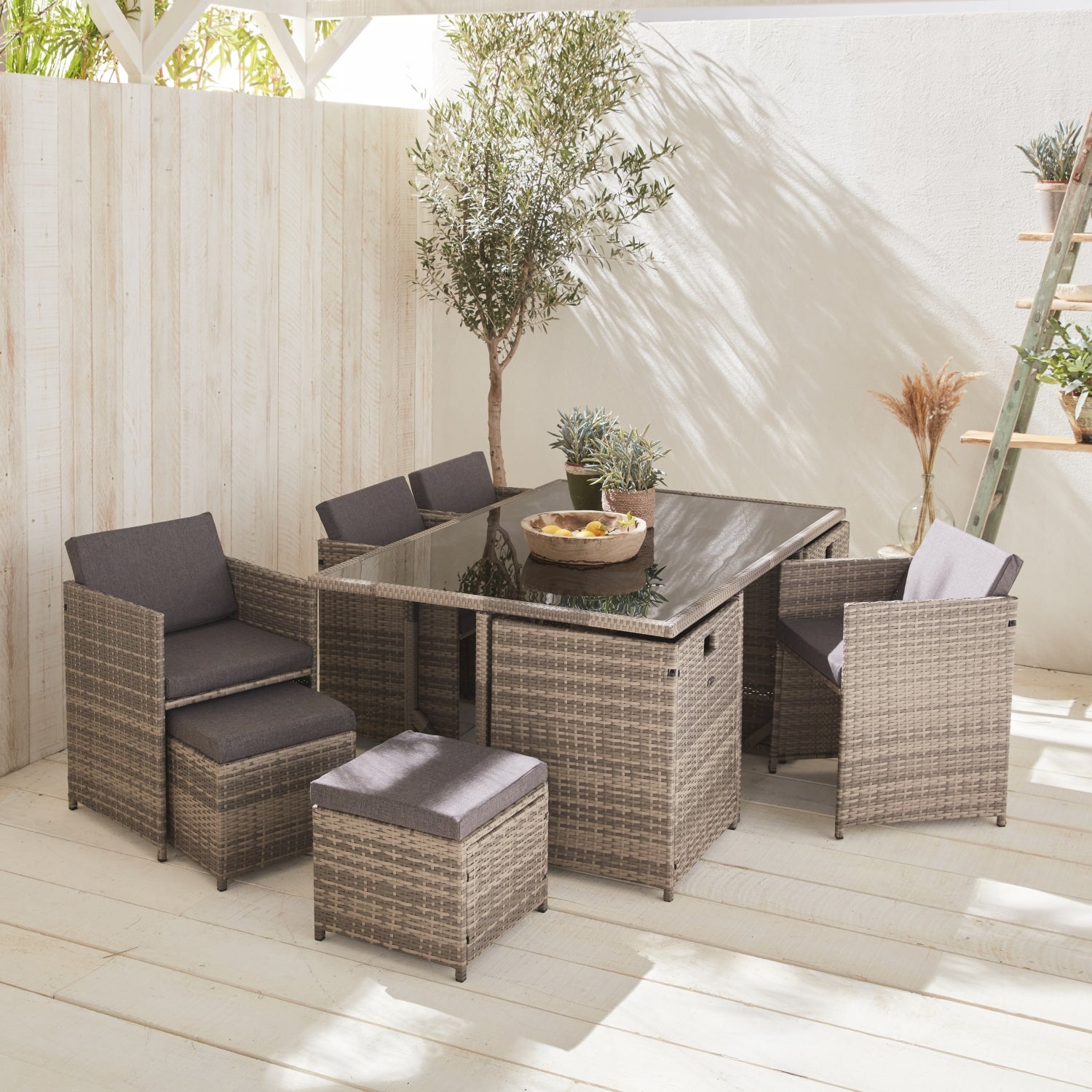 Mesa de jardín encastrable resina con 10 sillones + cobertor Varios ...