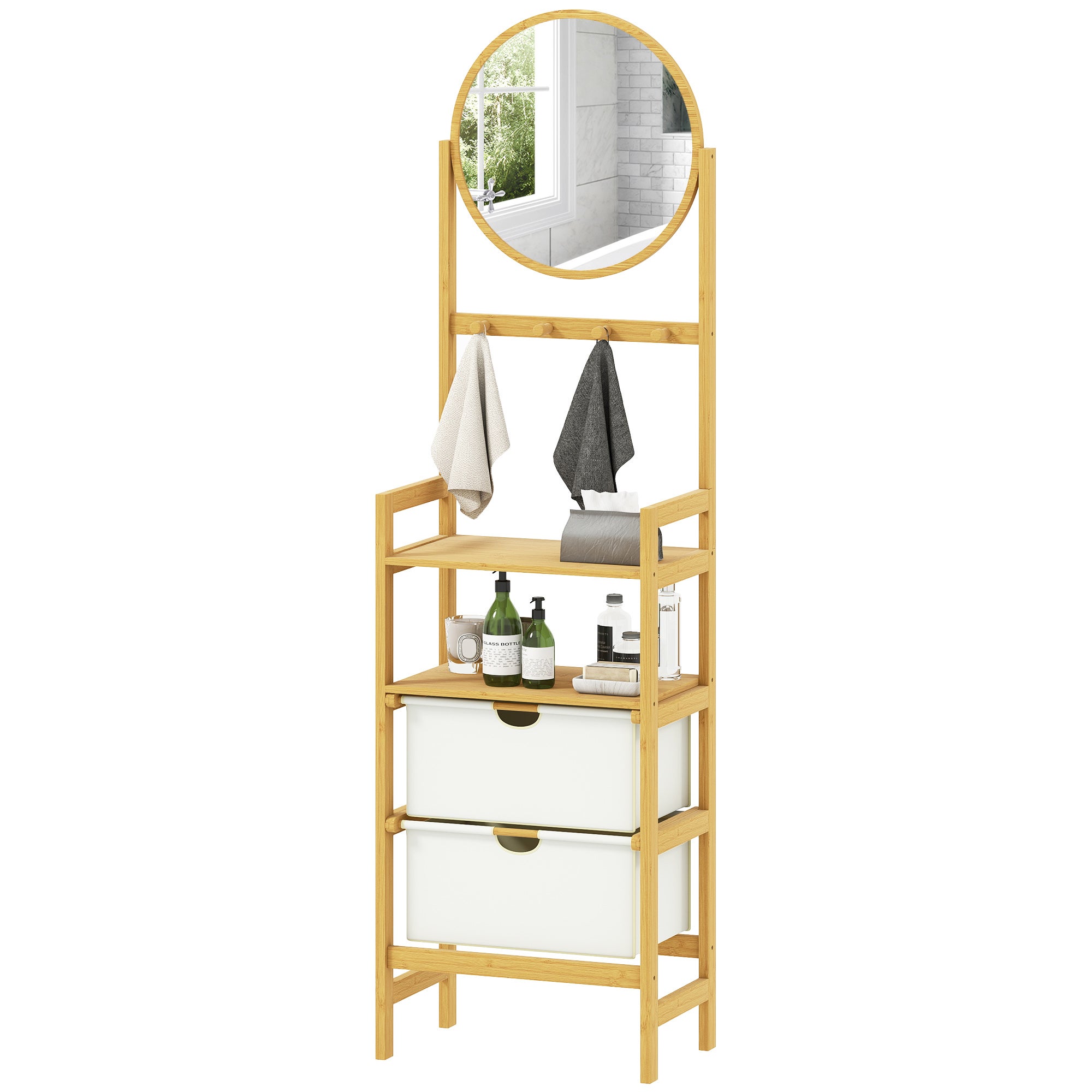 Scaffale bagno bambù specchio contenitore 2 cassetti tessuto 48 ...