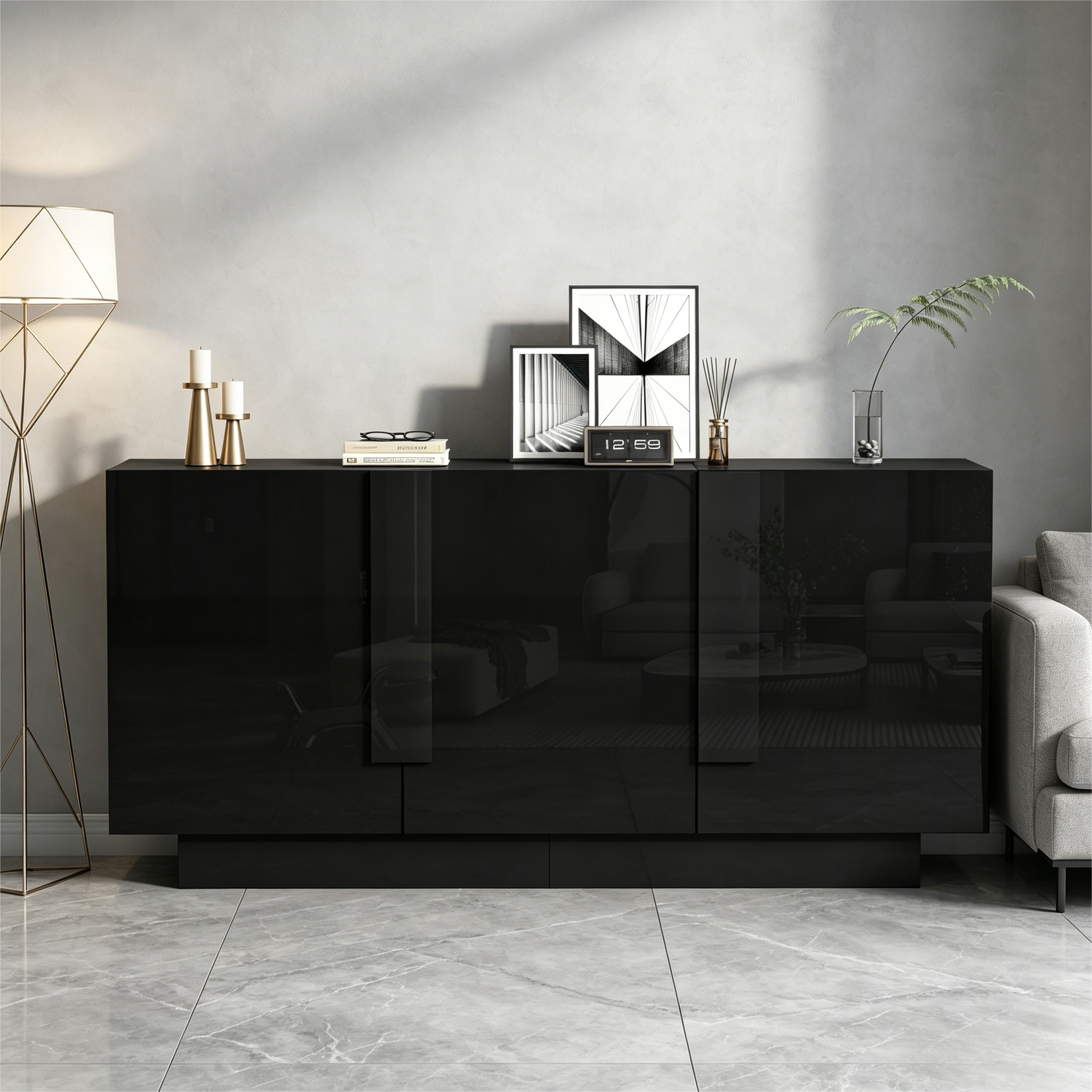 Buffet 160cm - 3 Portes Brillantes avec Étagères Réglables - Pour Salon ...