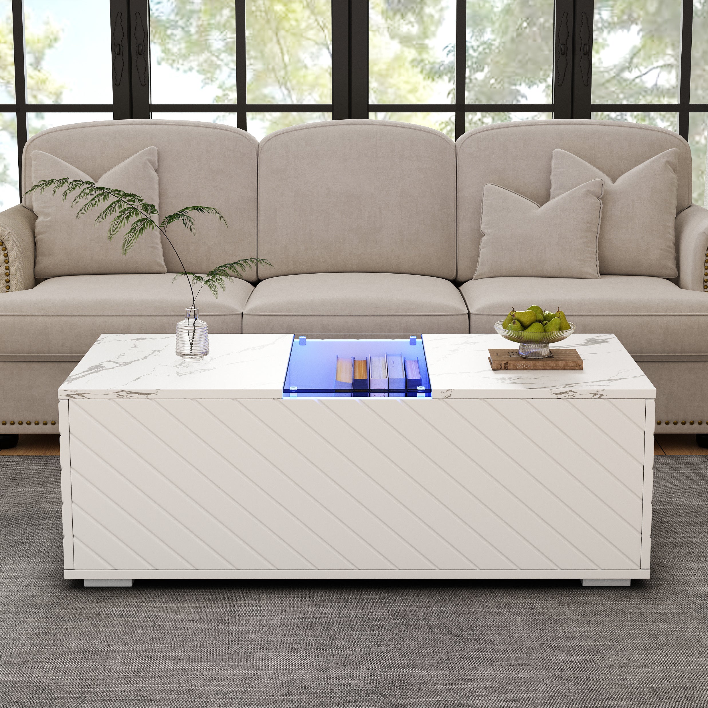 Table basse moderne - aspect marbre - avec LED et rangements - Blanc ...