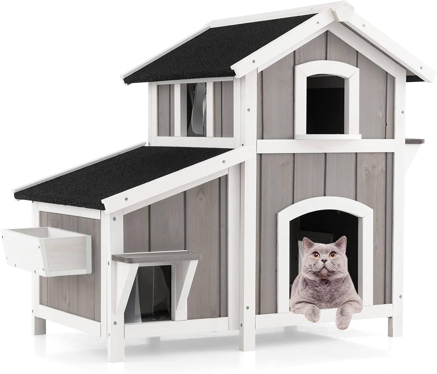 COSTWAY Niche pour Chat Exterieur, Maison Chat en Bois 2 Étage, 3 ...
