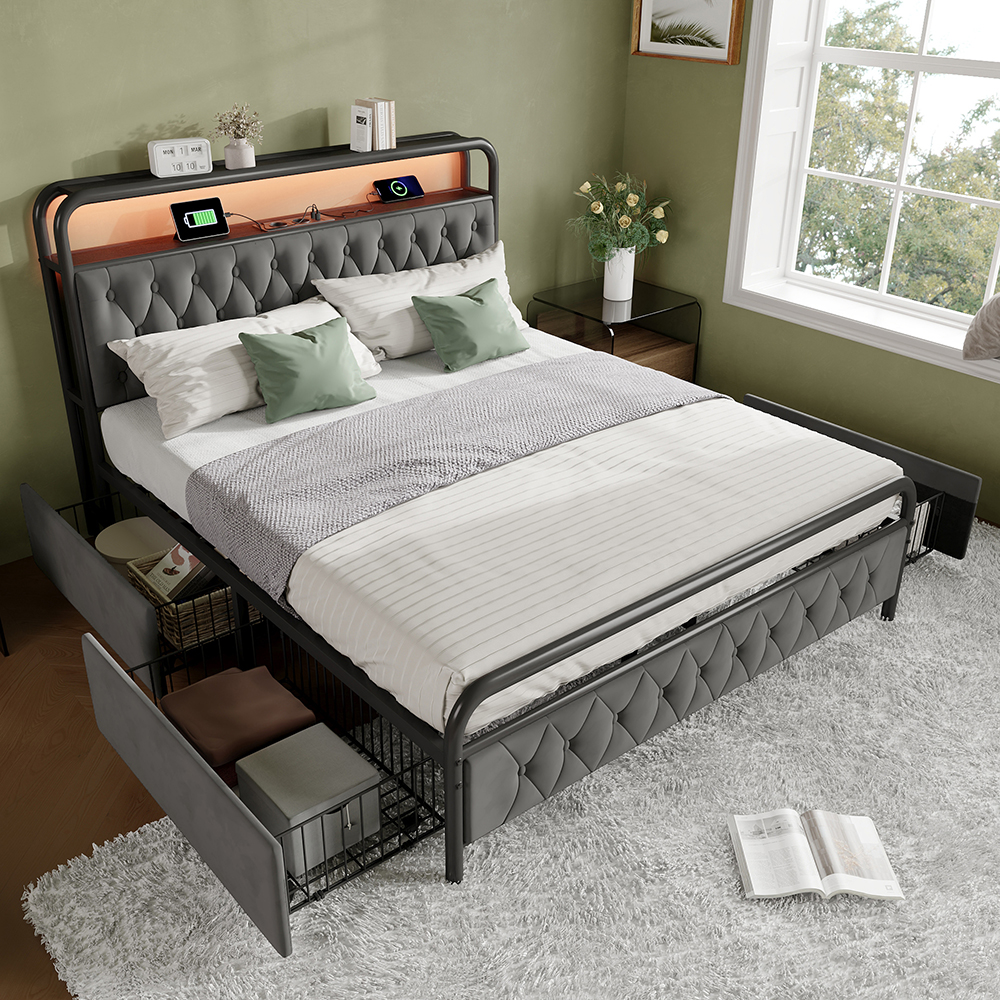 Lit adulte Lit double avec recharge USB Type C Chargement APP-Control ...